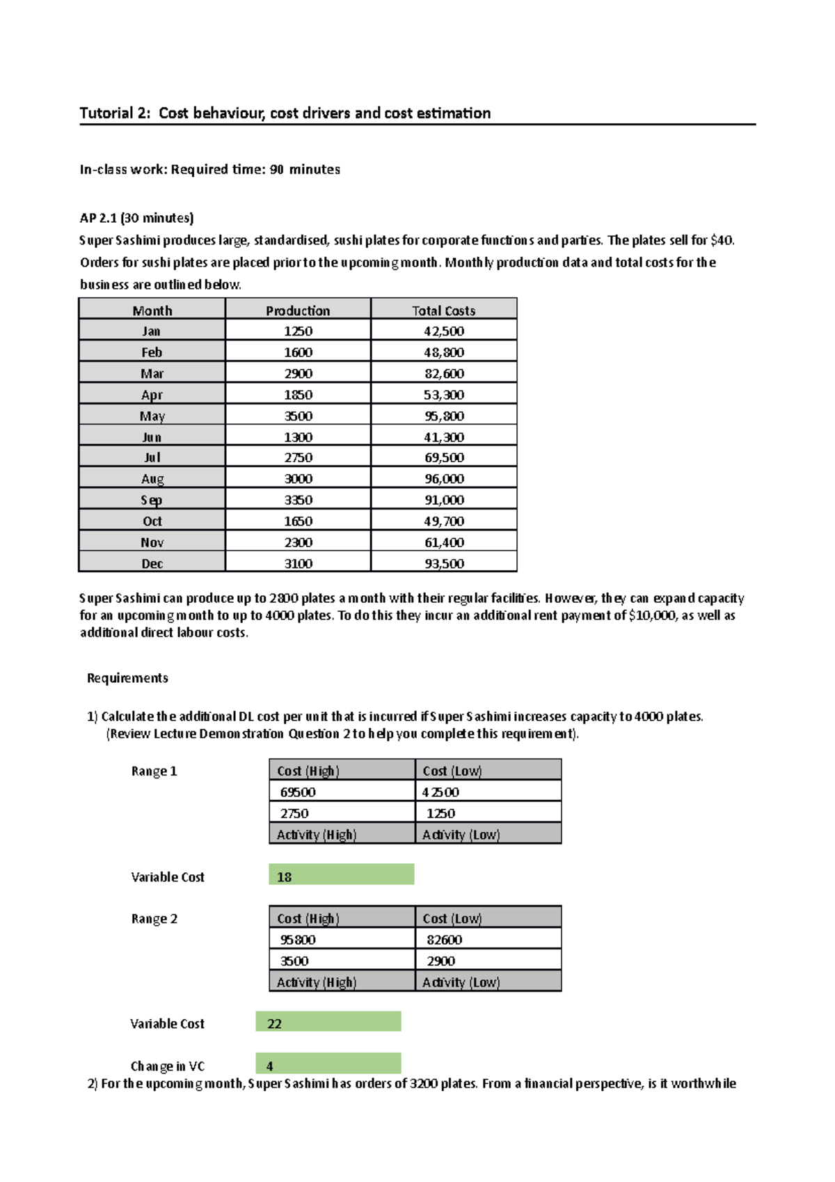CMS Tutorial 2 In-class -3 - Tutorial 2: Cost behaviour, cost drivers and cost estimation In ...
