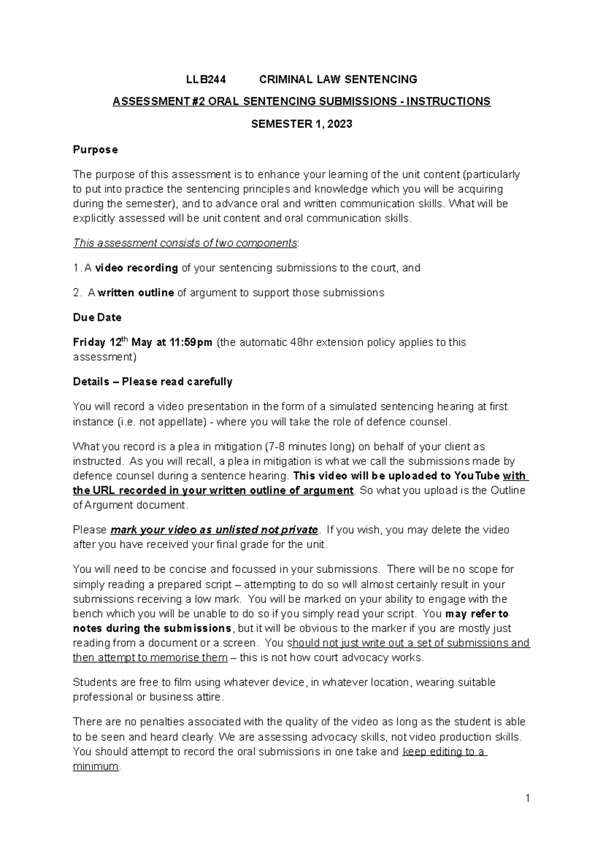 Brief (1) - Assignment 2 - LLB244 CRIMINAL LAW SENTENCING ASSESSMENT #2 ...