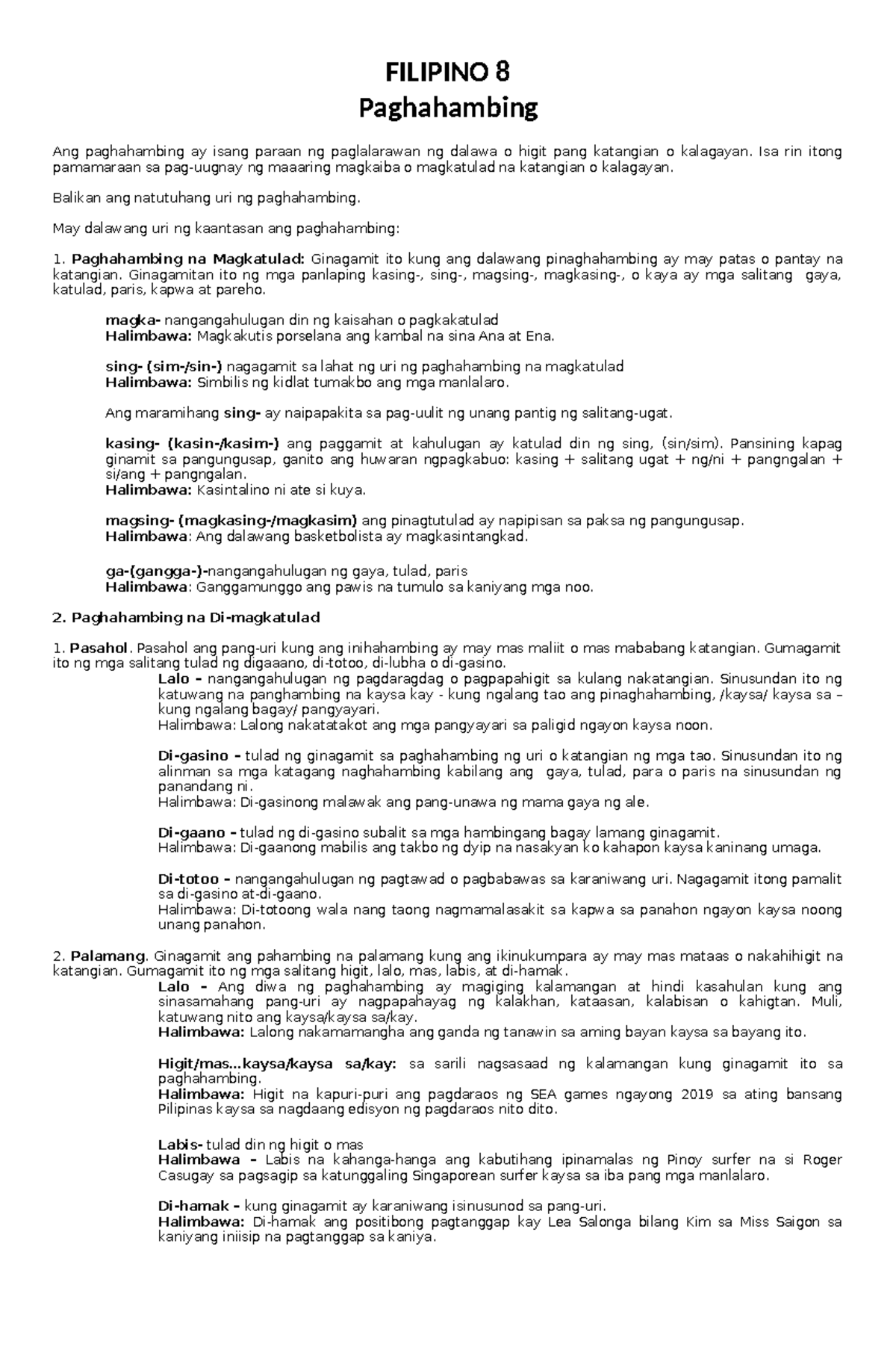 Filipino 8 Paghahambing - FILIPINO 8 Paghahambing Ang paghahambing ay ...