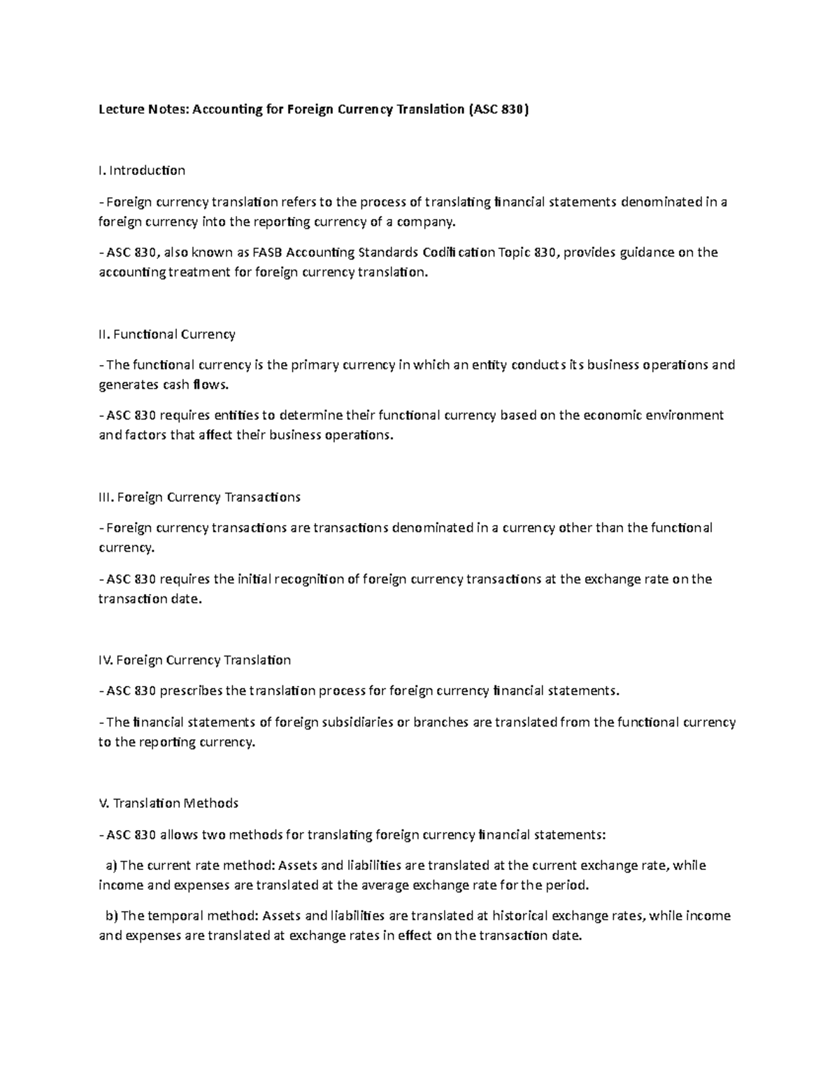 Lecture Notes: Accounting for Foreign Currency Translation (ASC 830 ...