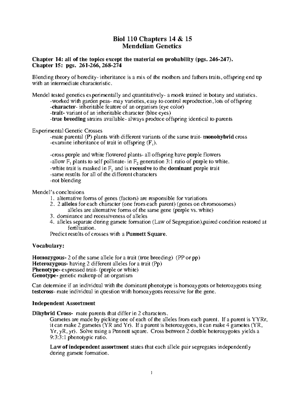 Chapter 14 15 outline - 1 Biol 110 Chapters 14 & 15 Mendelian Genetics ...