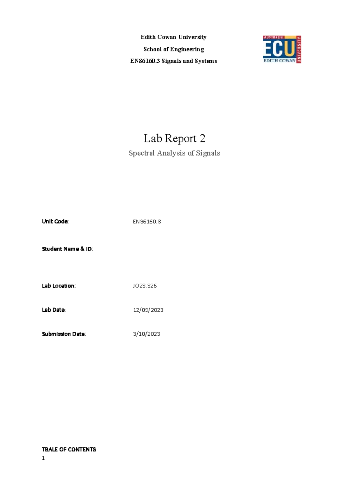 Spectral Analysis 2 - lab report - Edith Cowan University School of ...