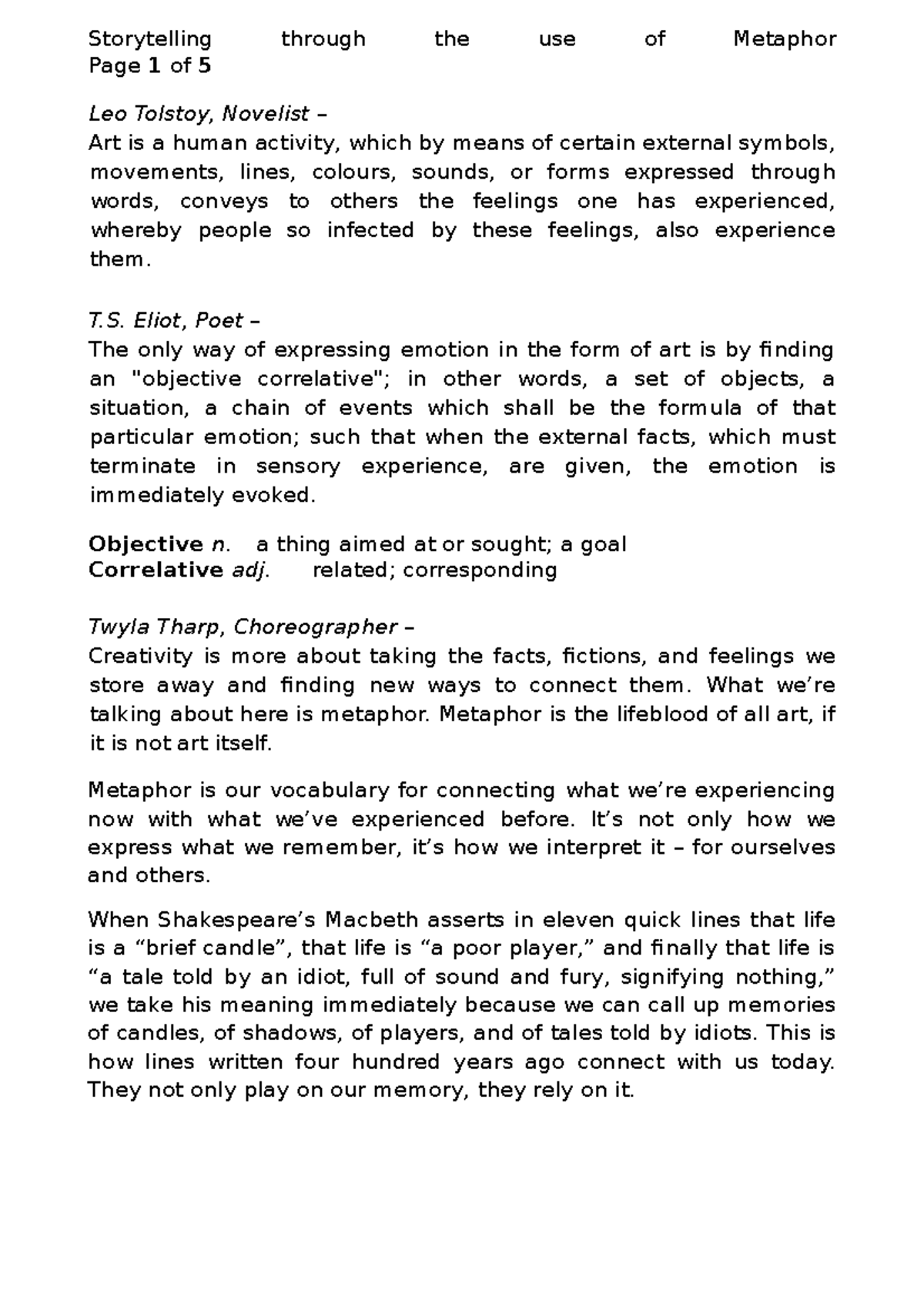 Metaphor Storytelling - Page 1 of 5 Leo Tolstoy, Novelist – Art is a ...