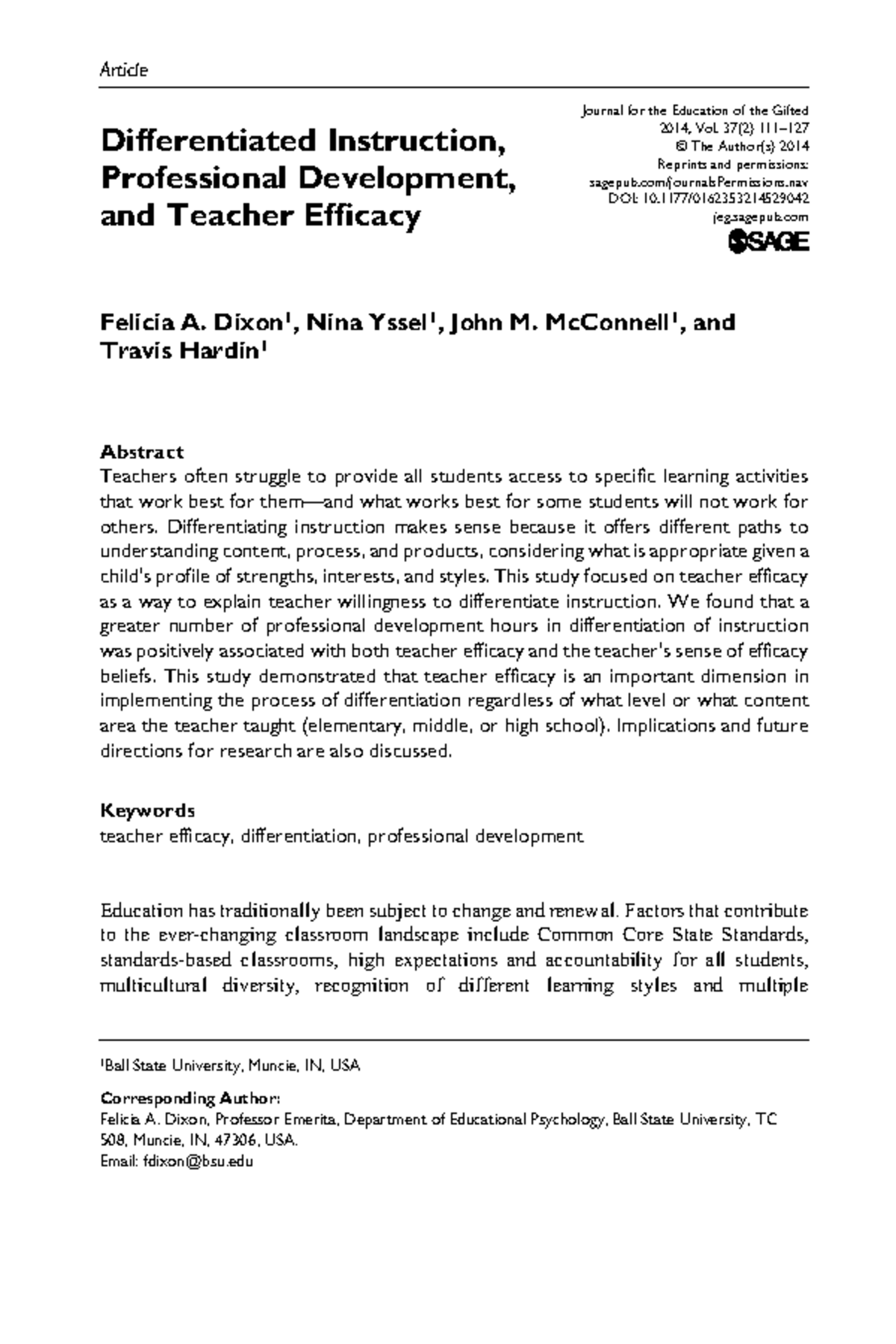 Professional Development Differentiated Instruction Teacher Efficacy - Journal for the Education ...