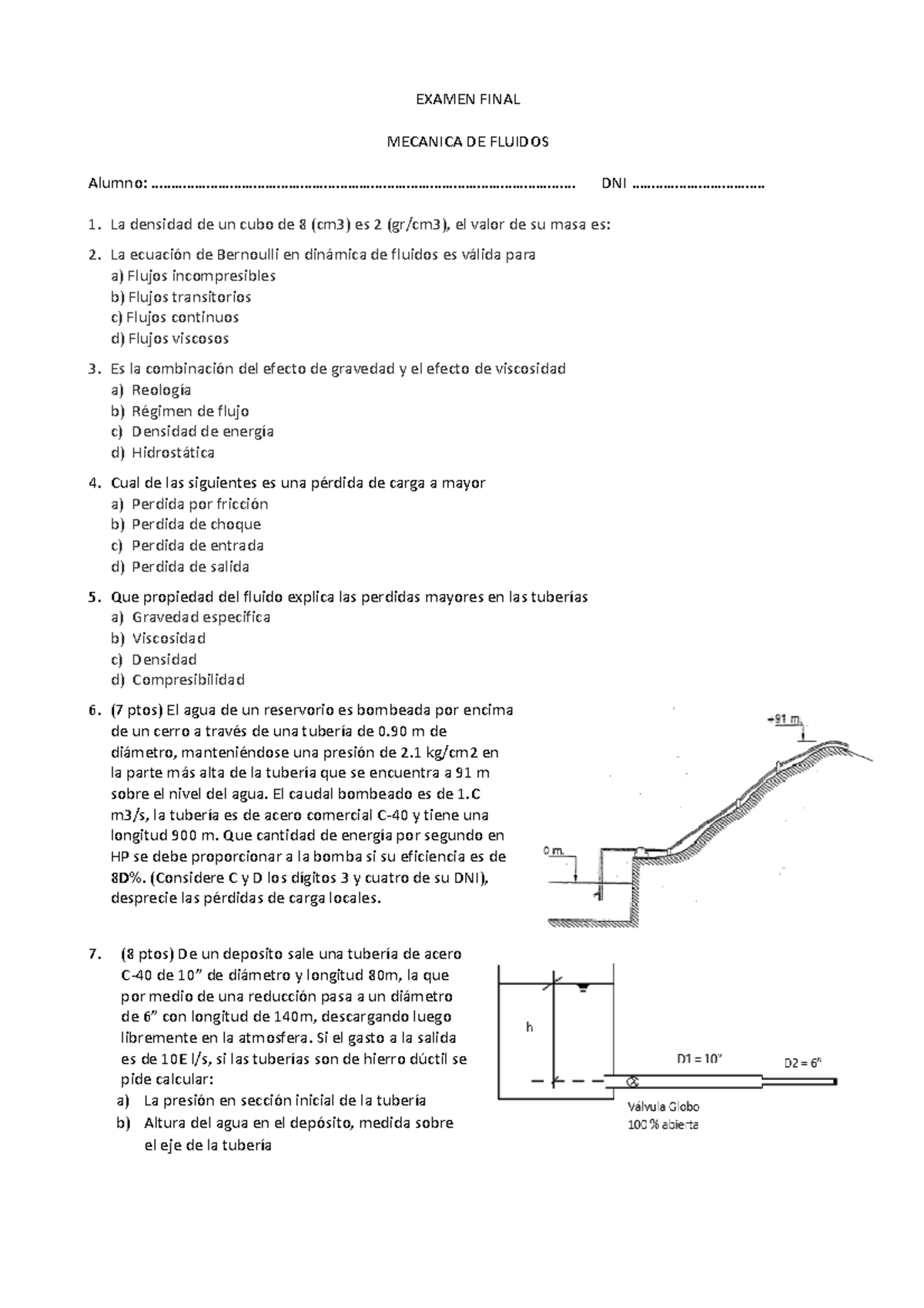 Examen final MF - EXAMEN FINAL MECANICA DE FLUIDOS Alumno: - Studocu