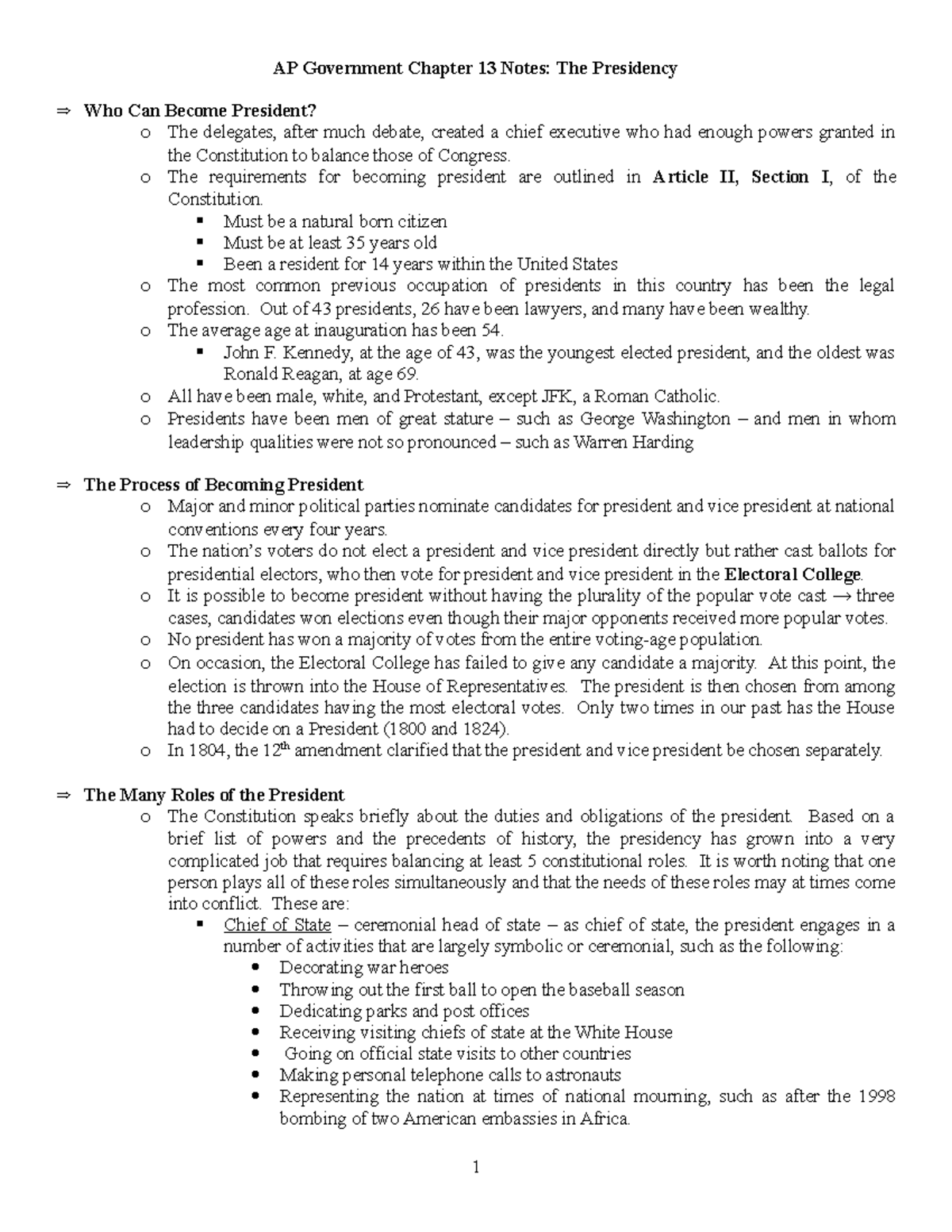 Executive Branch Notes-AP - AP Government Chapter 13 Notes: The ...