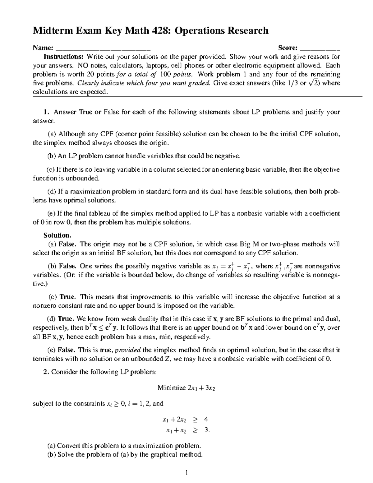 chapter two operation management (om) - Midterm Exam Key Math 428 ...