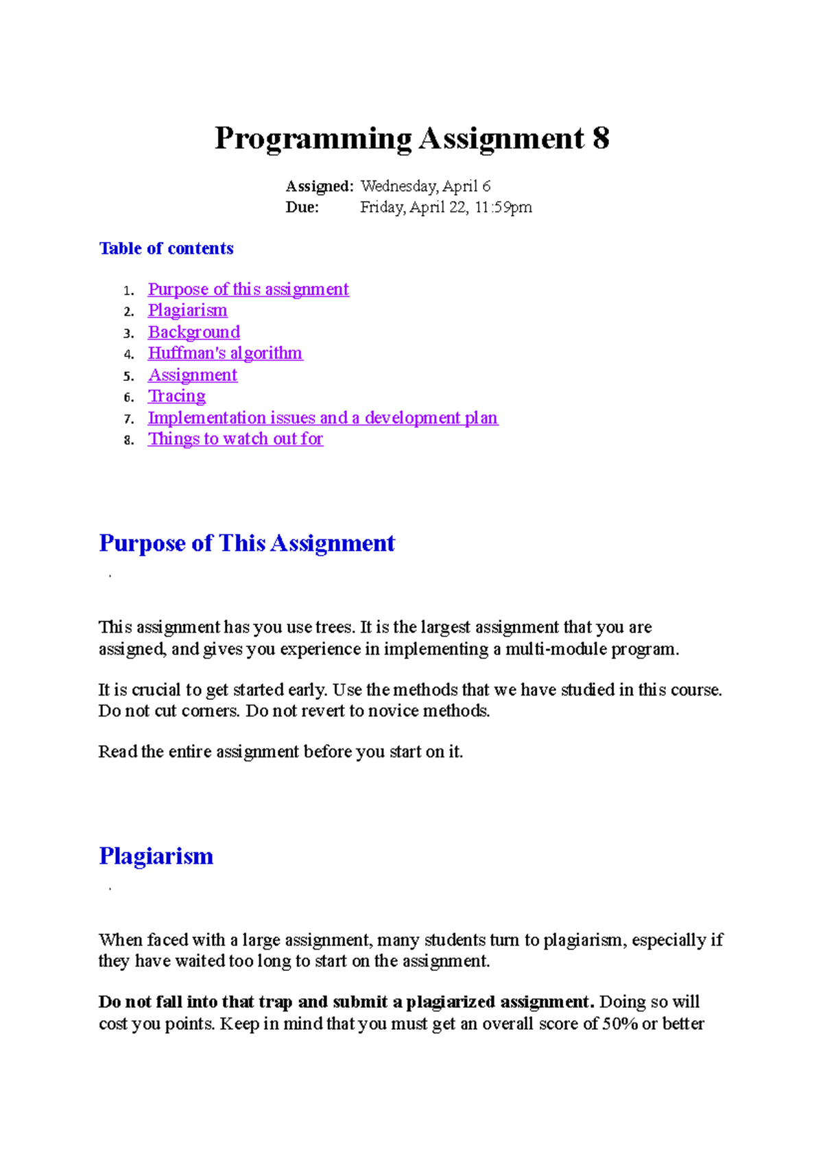 Programming Assignment 8 - 2. 3. 4. 5. 6. 7. 8. Purpose of this ...