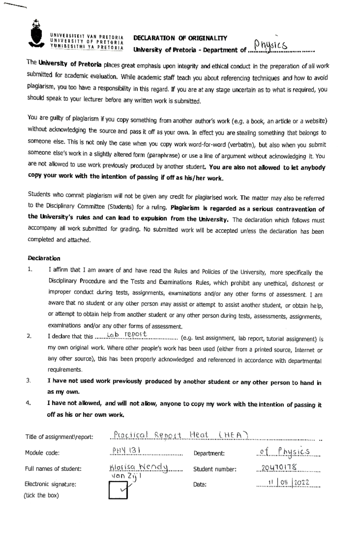 HEA Practical Report - UNIVERSITEIT VAN PRETORIA UNIVERSITY 0F PRETORIA ...