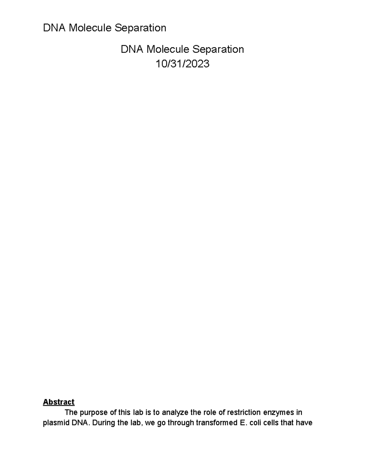 LAB 6 - Bio lab 06 DNA molecule seperation - DNA Molecule Separation 10 ...