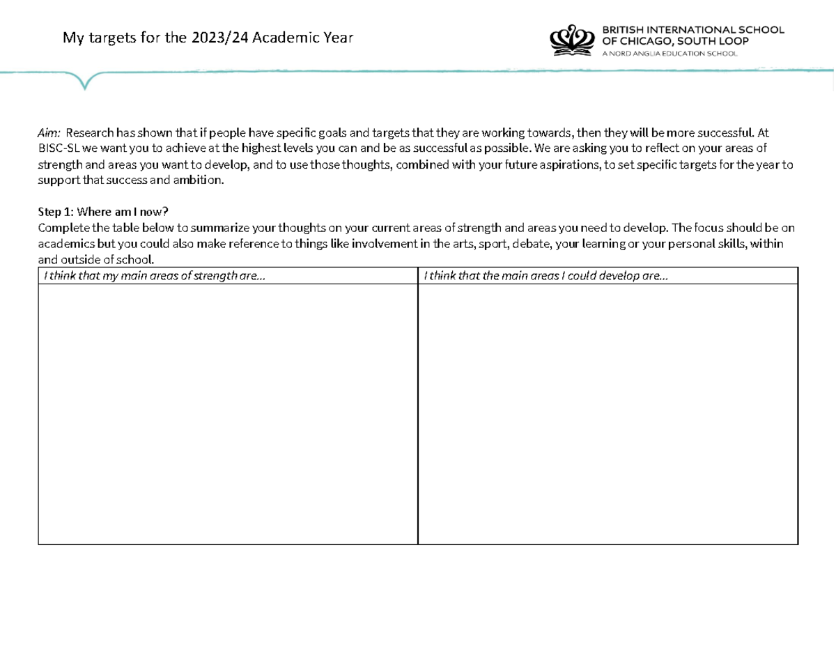 1. Target Setting Worksheet - My targets for the 2023/24 Academic Year ...