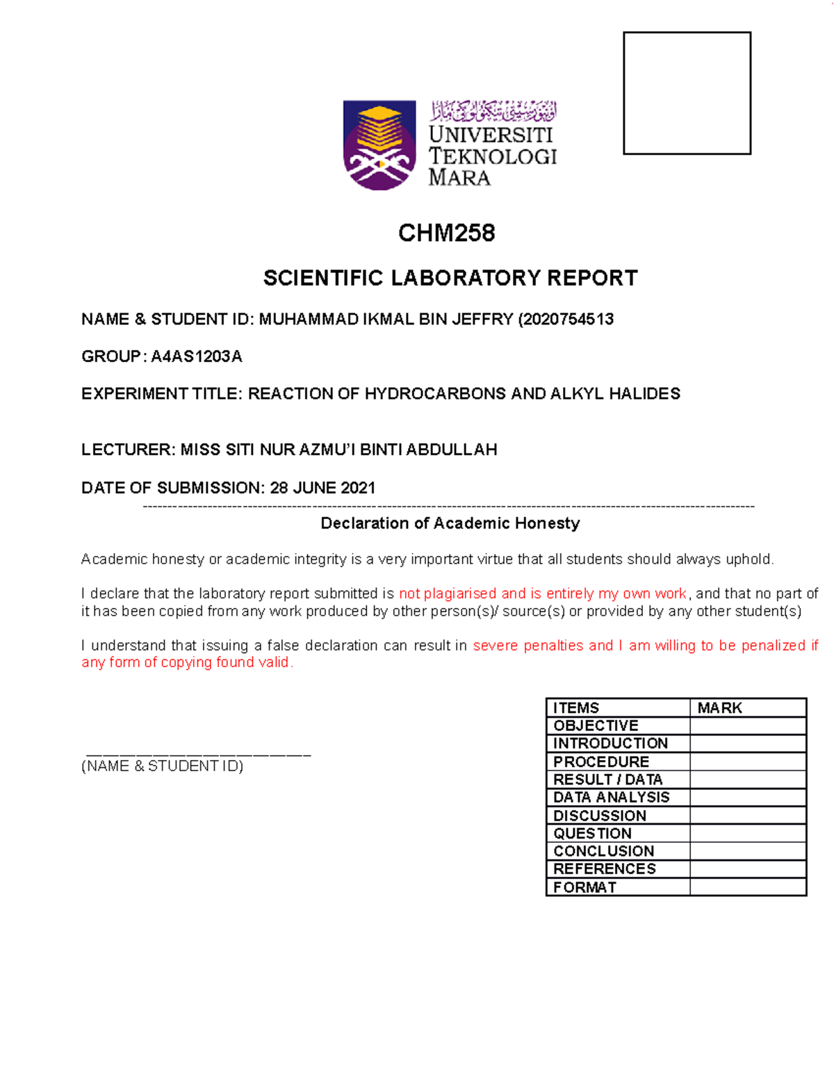 LAB Report CHM258- Muhammad Ikmal BIN Jeffry-2020754513-A4AS1203A ...