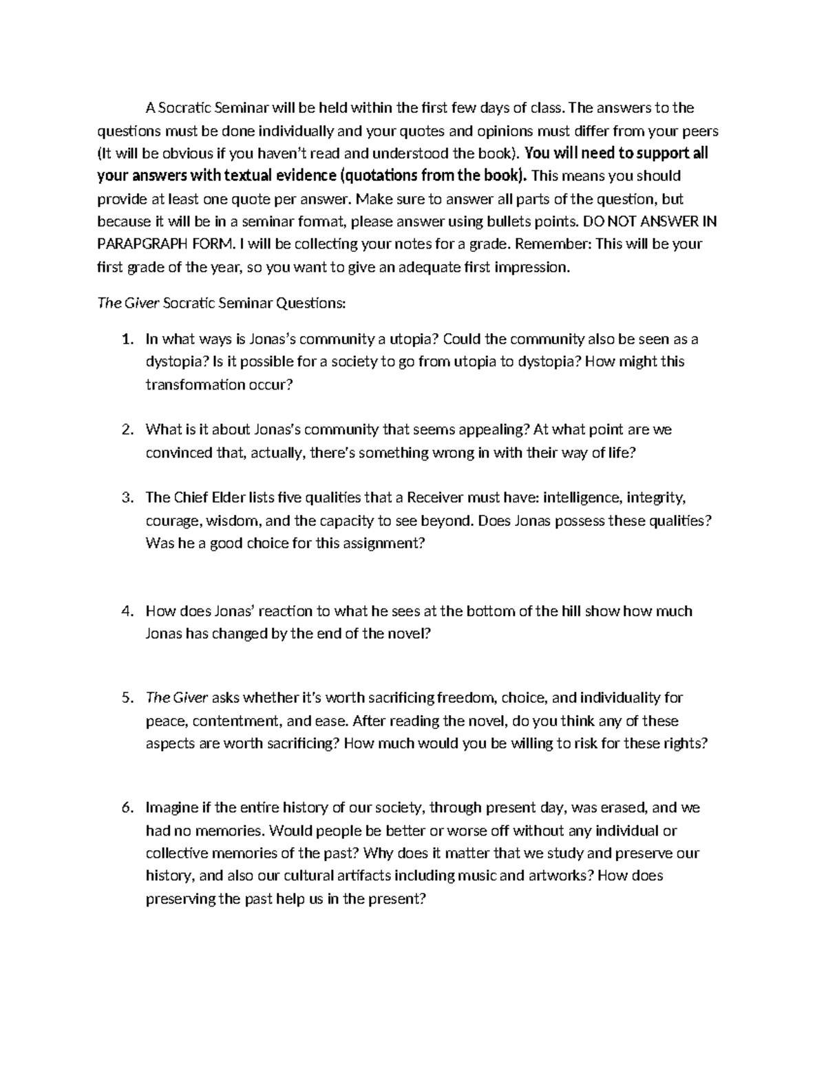 The Giver Socratic Seminar Questions Summer 2022 - A Socratic Seminar ...