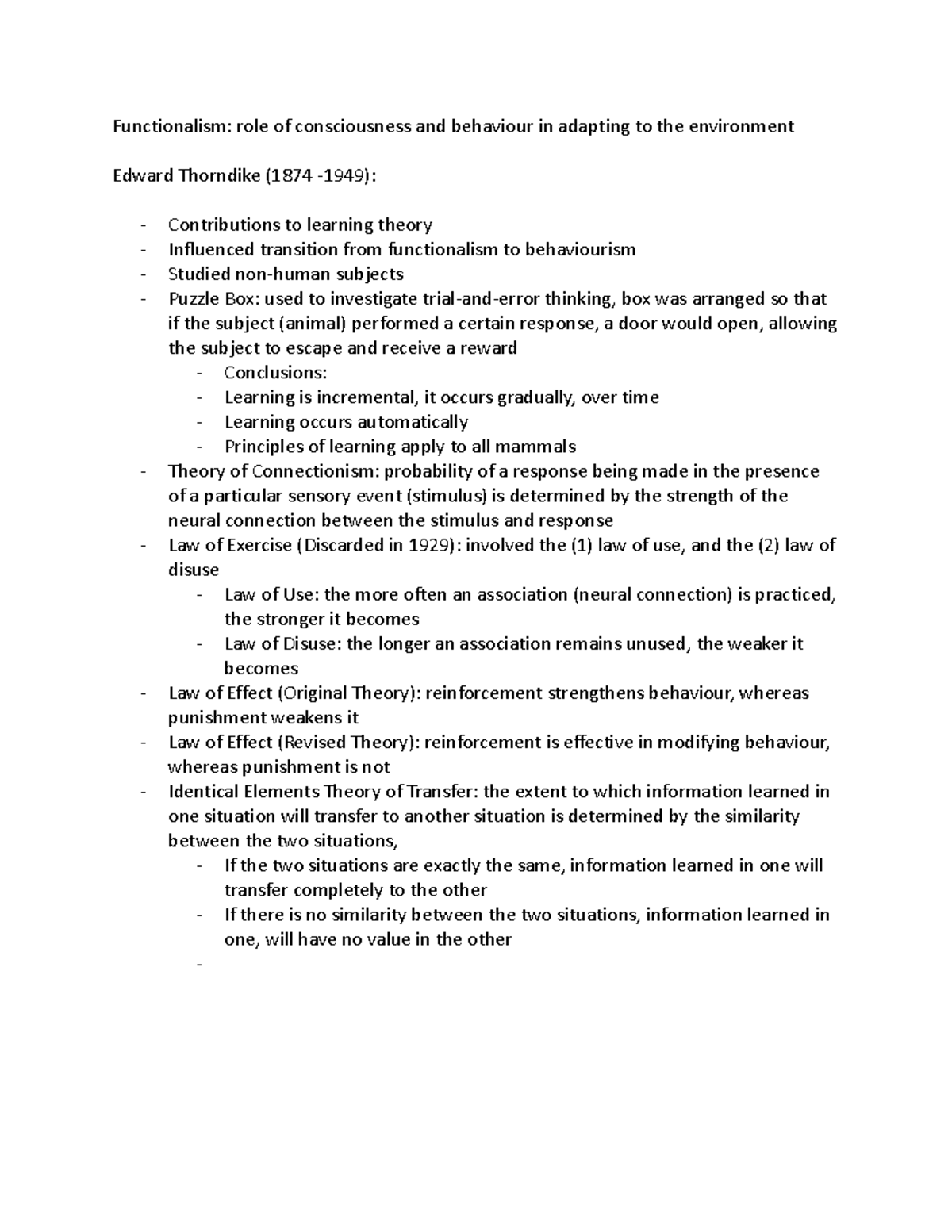 Lm Midterm Learning And Memory Notes Functionalism Role Of Consciousness And Behaviour In