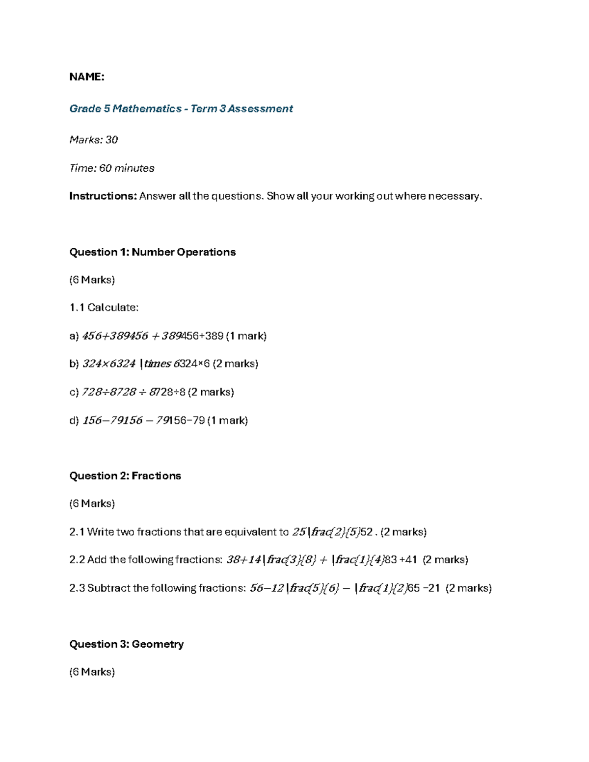 Task 3 assessment - NAME: Grade 5 Mathematics - Term 3 Assessment Marks ...