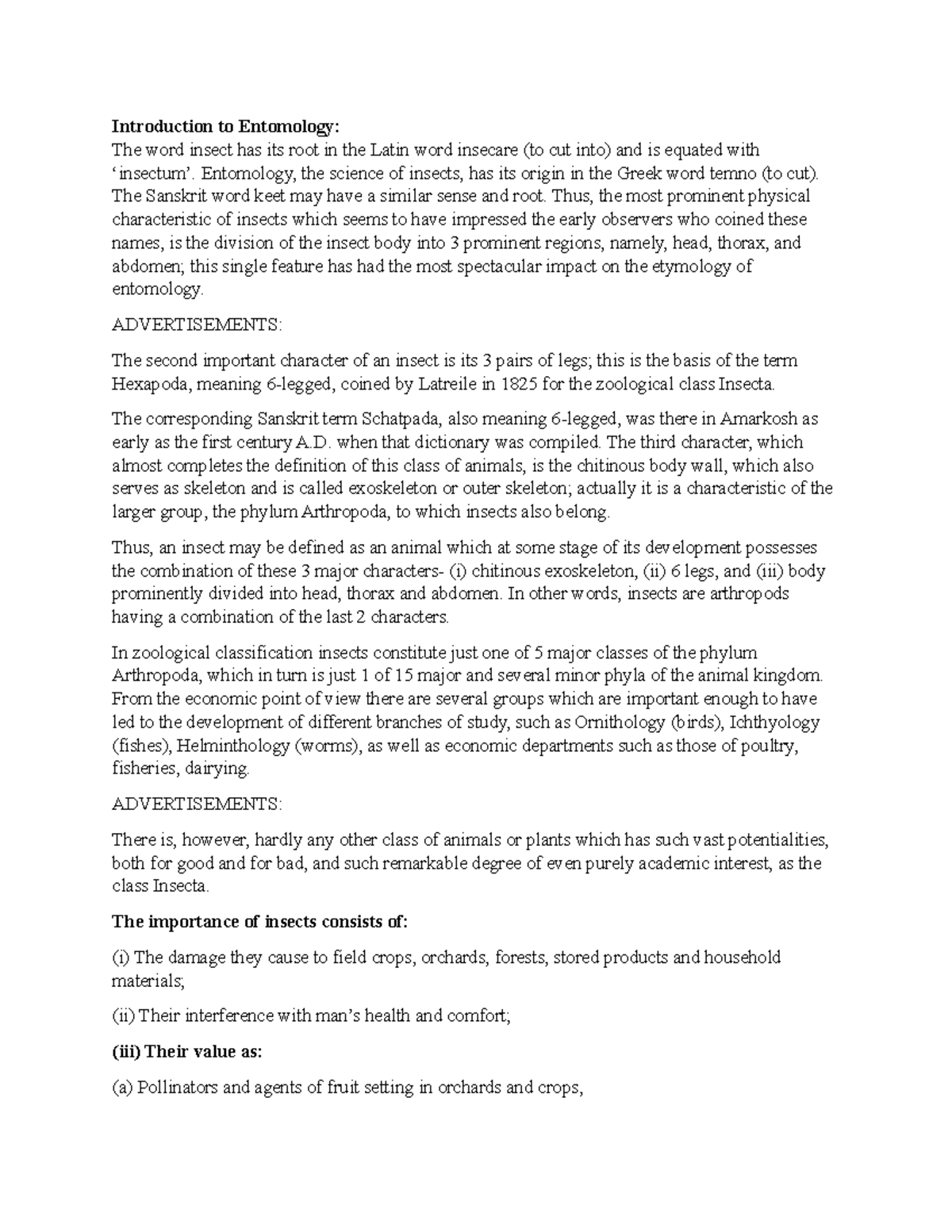 Introduction to Entomology Essay - Introduction to Entomology: The word ...