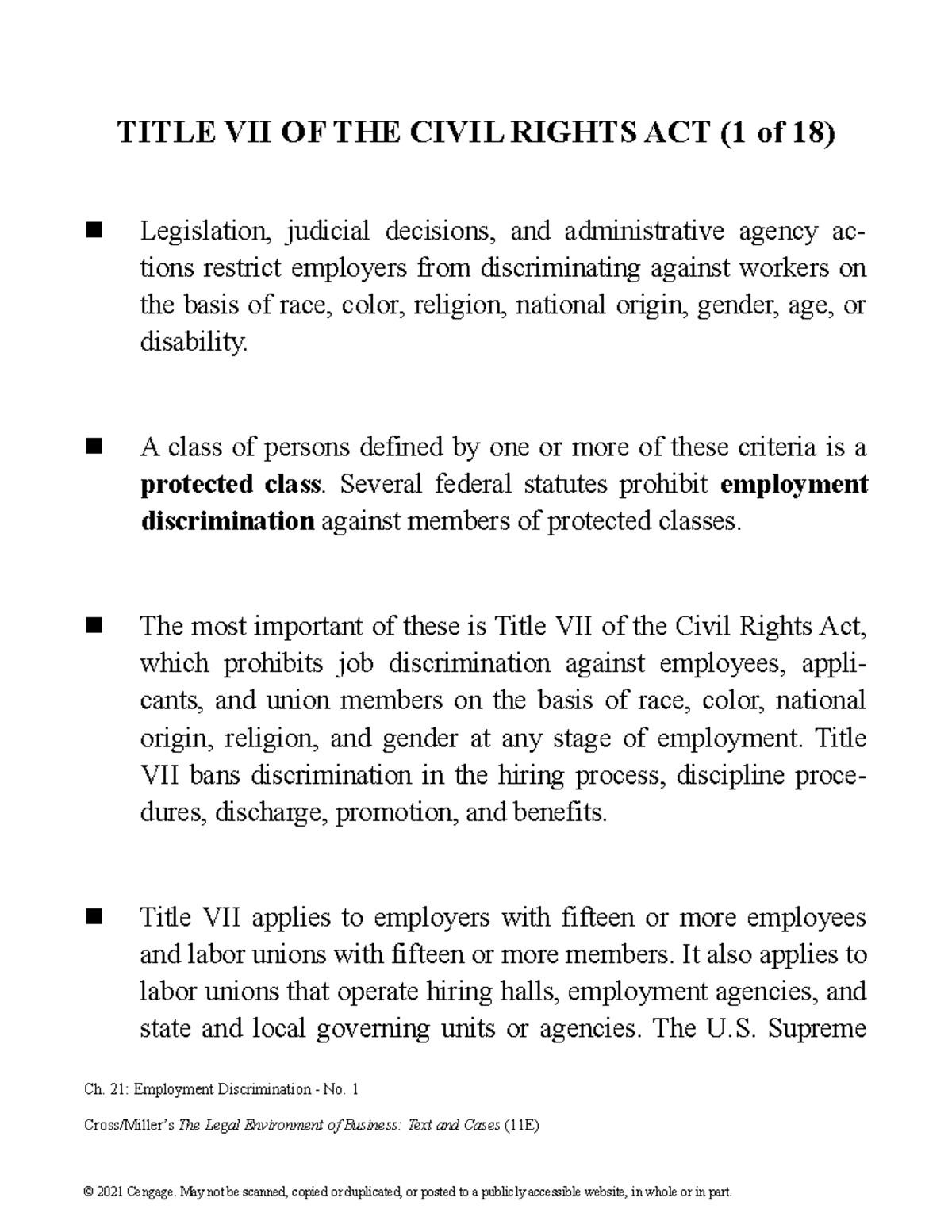 Cross-miller 11e lecture ch21 - TITLE VII OF THE CIVIL RIGHTS ACT (1 of ...