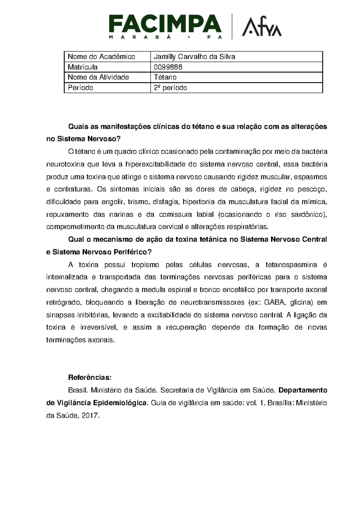 Tétano - TICS - Nome do Acadêmico Jamilly Carvalho da Silva Matrícula ...