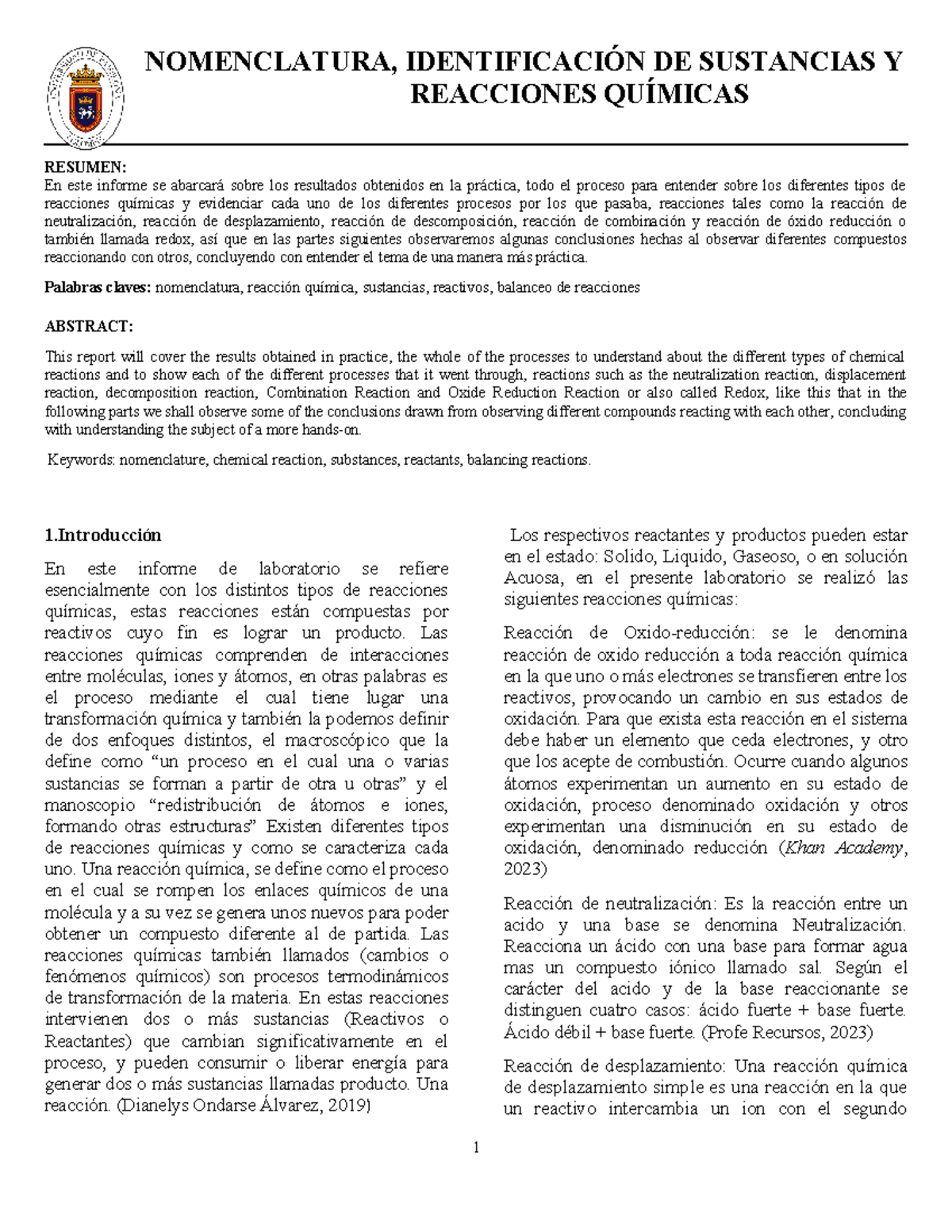 Informe Nomenclatura, Identificacion DE Sustancias Y Reacciones Quimicas - NOMENCLATURA, - Studocu