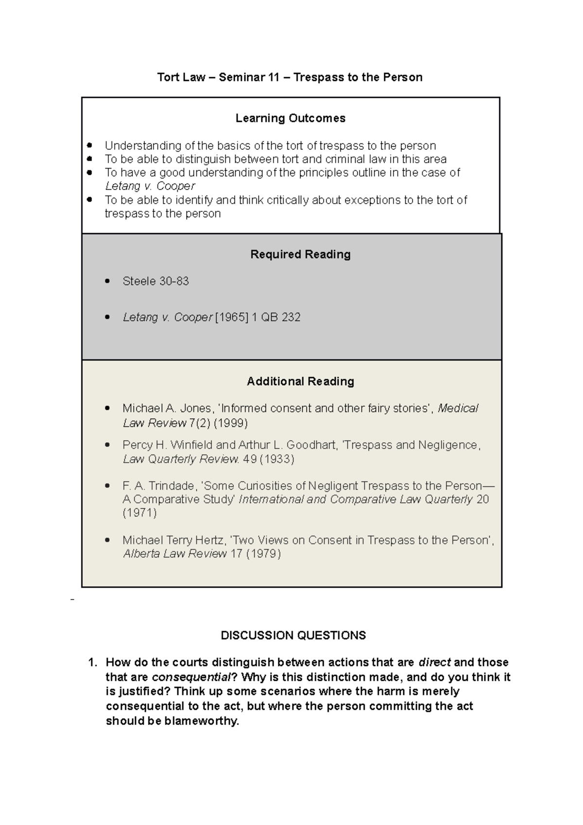 Seminar 11 – Trespass to the Person - Tort Law – Seminar 11 – Trespass to the Person Learning ...