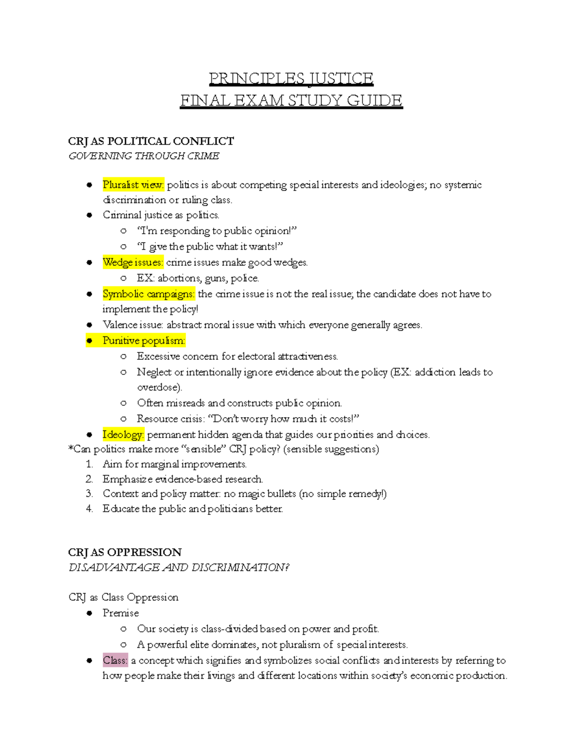 PJ Final Exam Guide - PRINCIPLES JUSTICE FINAL EXAM STUDY GUIDE CRJ AS ...