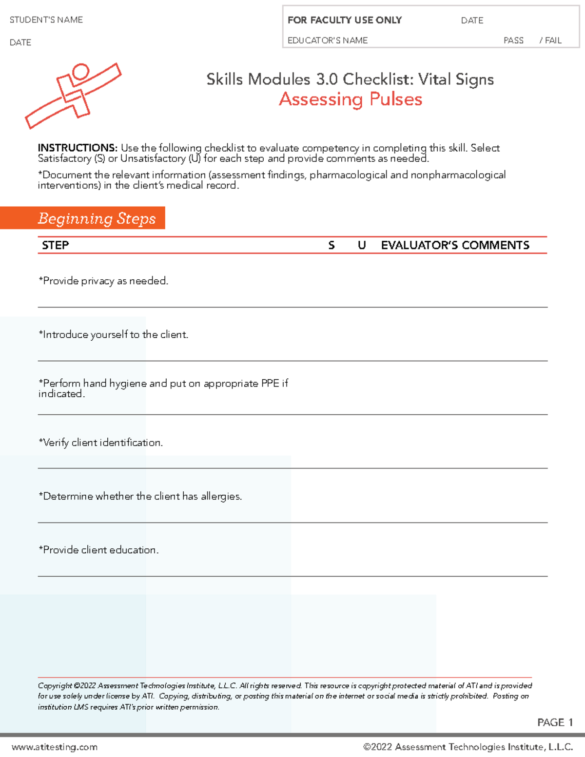 Skills Checklist Vital Signs Pulses - atitesting ©2022 Assessment ...