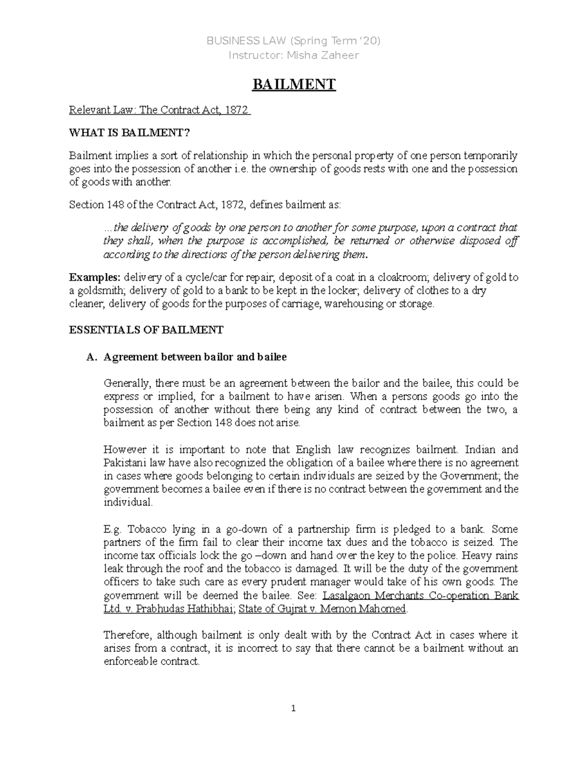 B.law notes for revision3 - BUSINESS LAW (Spring Term ‘20) Instructor ...