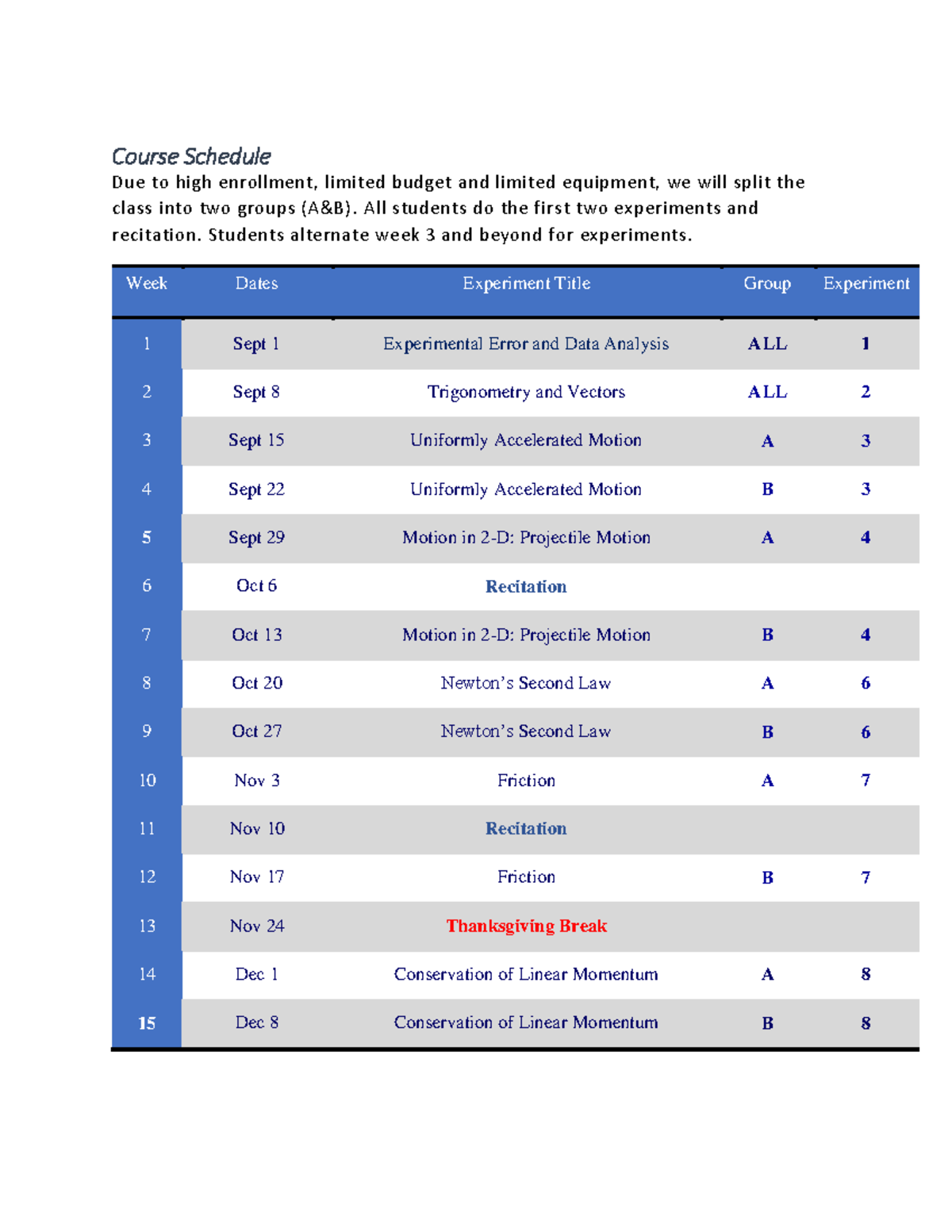 Course Schedule F22 - physics - Course Schedule Due to high enrollment ...