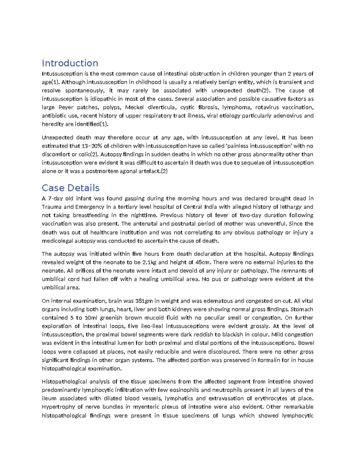 Case report for Intusucception - Introduction Intussusception is the ...