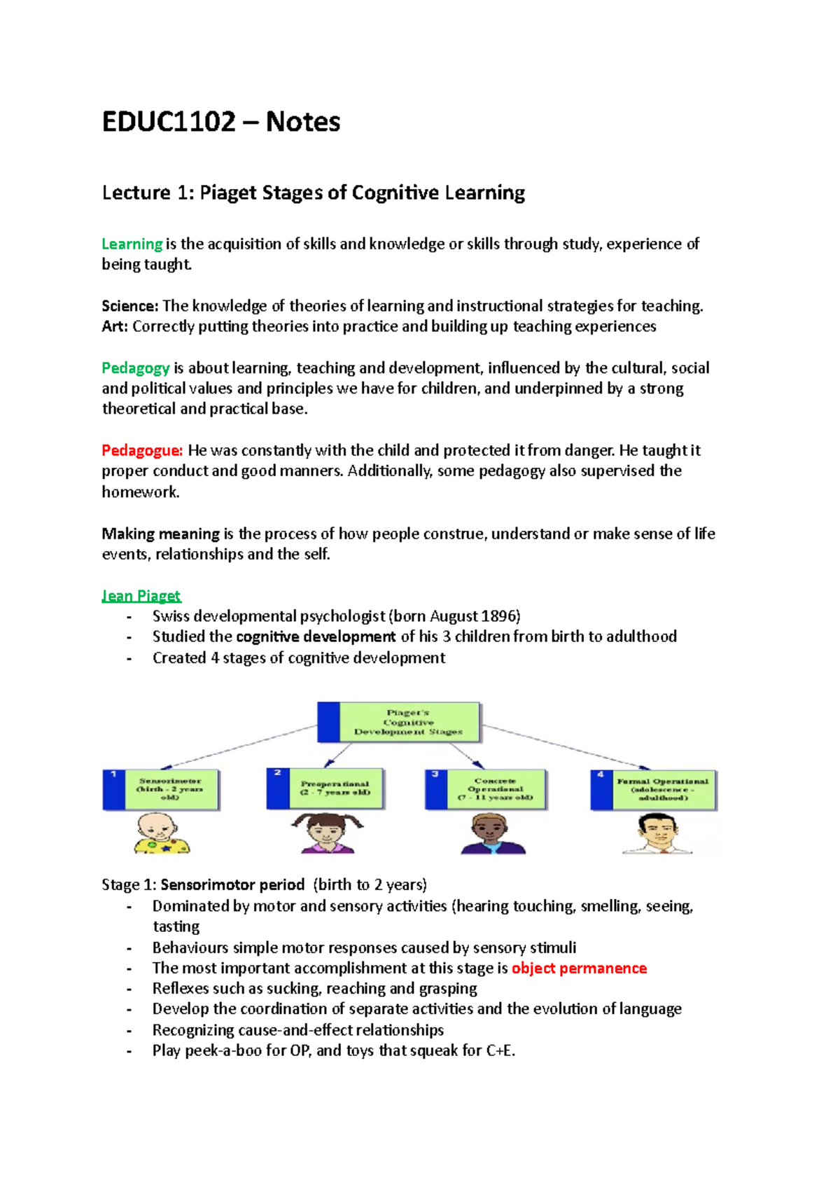 EDUC1102 - Notes - EDUC1102 – Notes Lecture 1: Piaget Stages of ...
