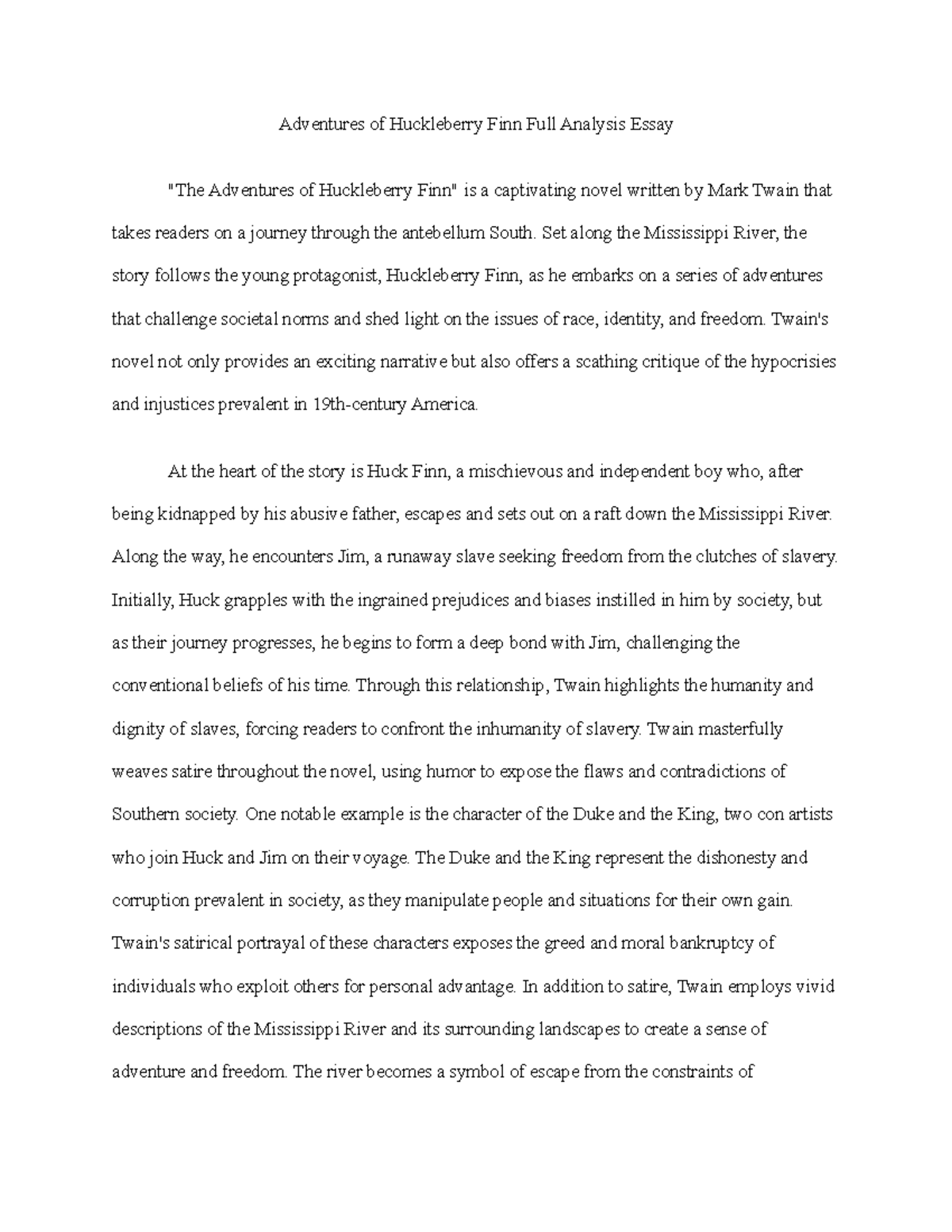 Adventures of Huckleberry Finn Full Analysis Essay - Set along the ...