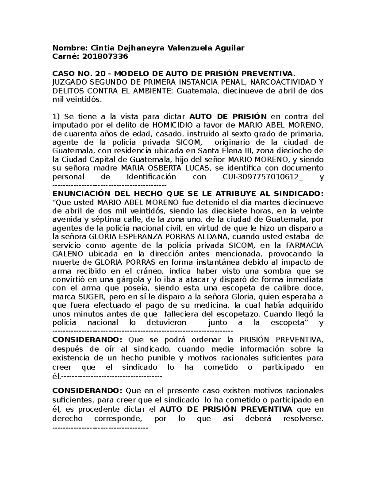 Modelo DE AUTO DE Prisión Preventiva - Nombre: Cintia Dejhaneyra ...