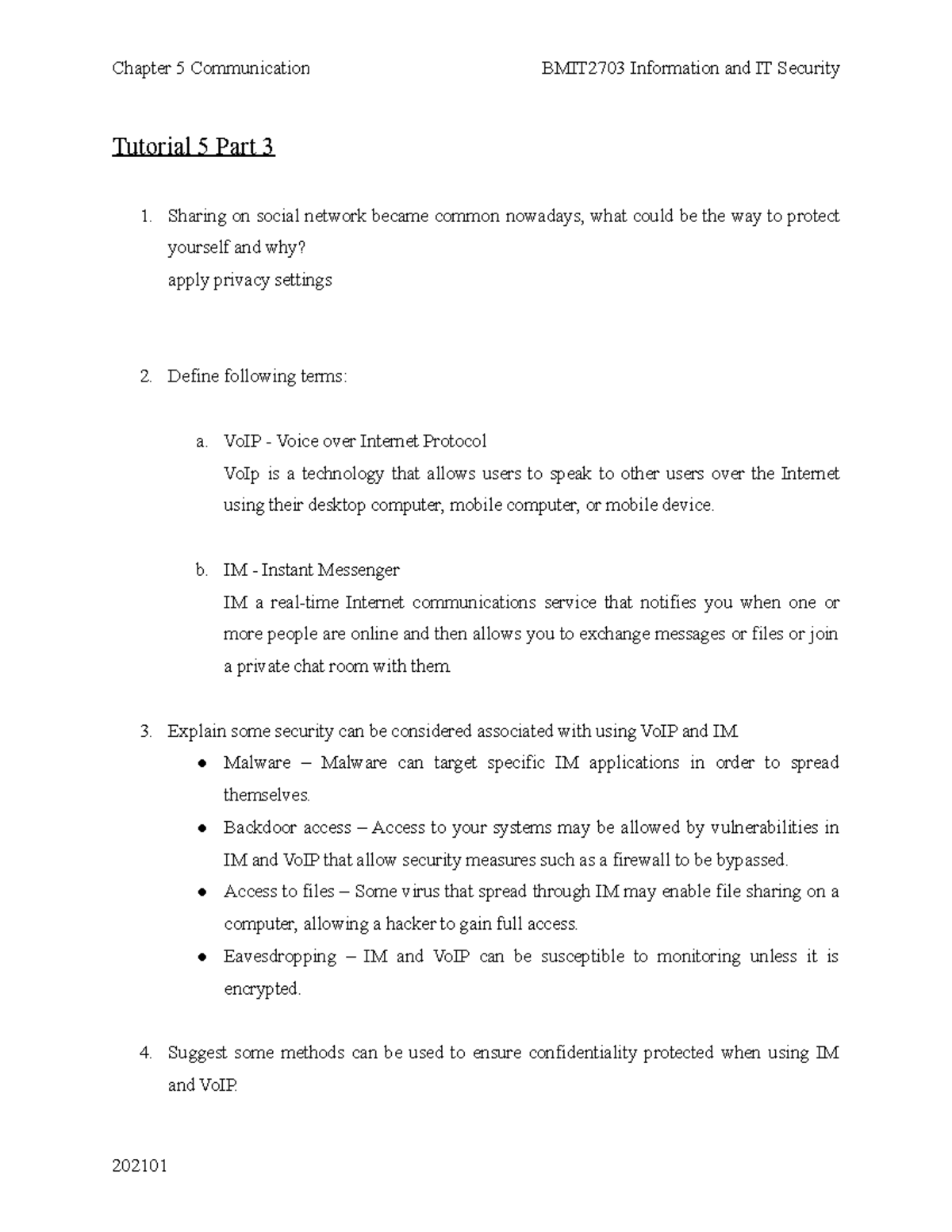 Tutorial Five Part Three Information and IT Security - Chapter 5 Communication BMIT2703 ...