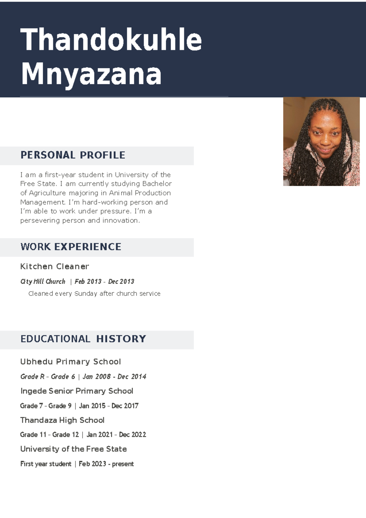NAS template 2 - PERSONAL PROFILE Thandokuhle Mnyazana I am a first ...