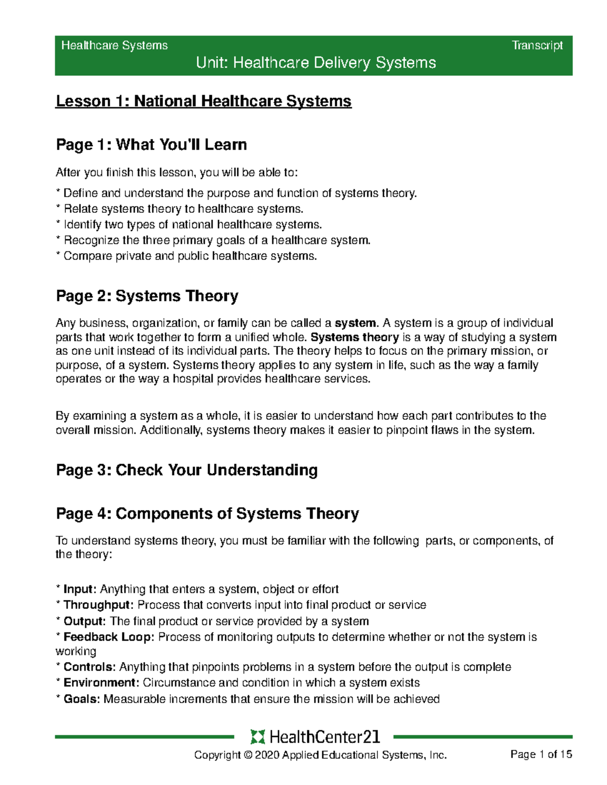 Lesson Transcript 19u9ytcyf - Lesson 1: National Healthcare Systems ...