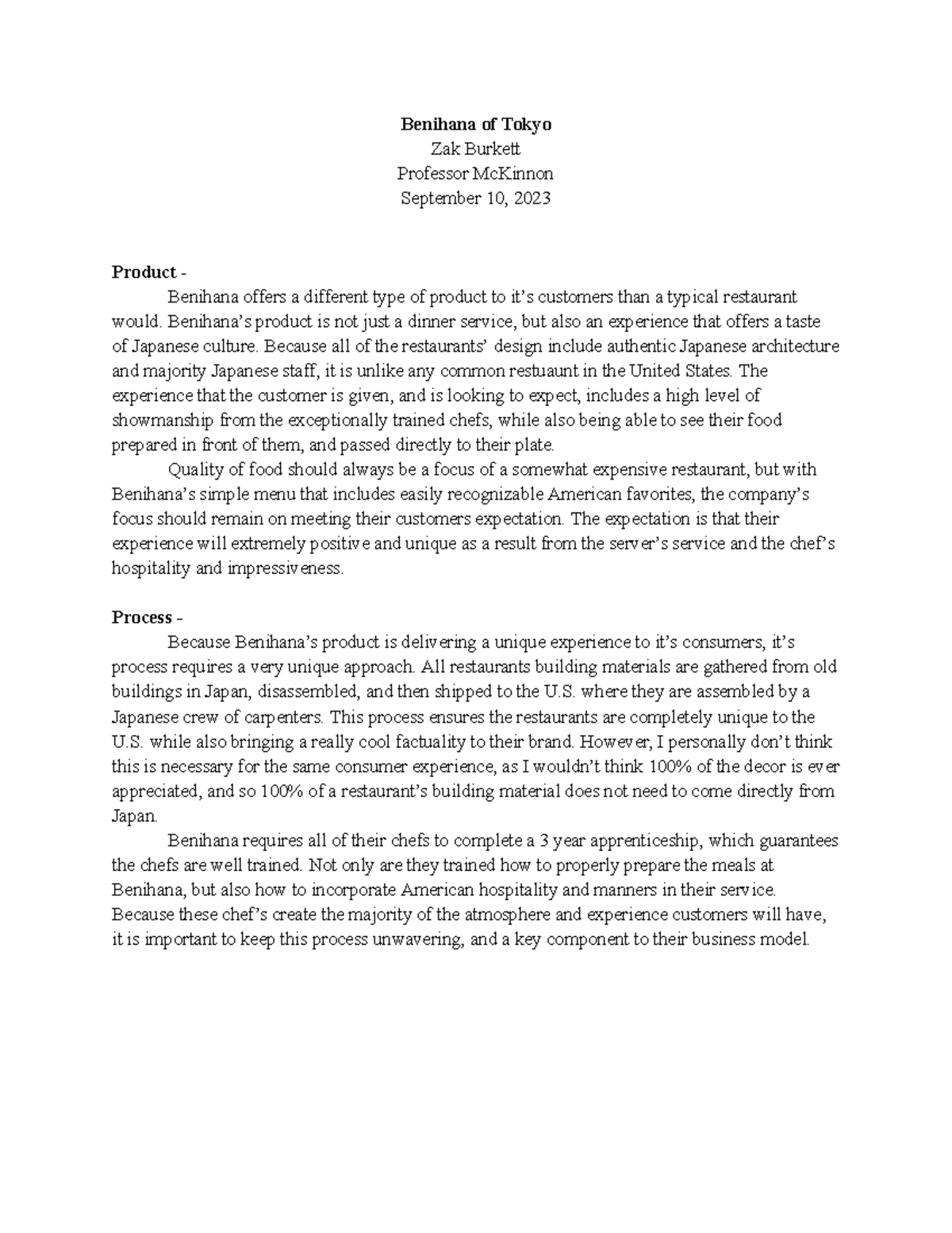 Benihana of Tokyo HBS Case Study - Benihana of Tokyo Zak Burkett ...