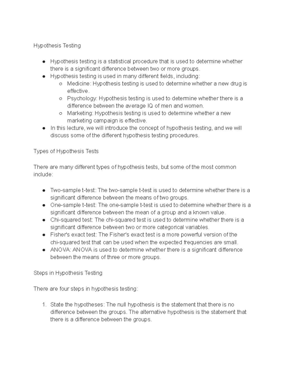 Lecture Note For Stat 351 Lecture 14 Hypothesis Testing Hypothesis Testing Is A Statistical 