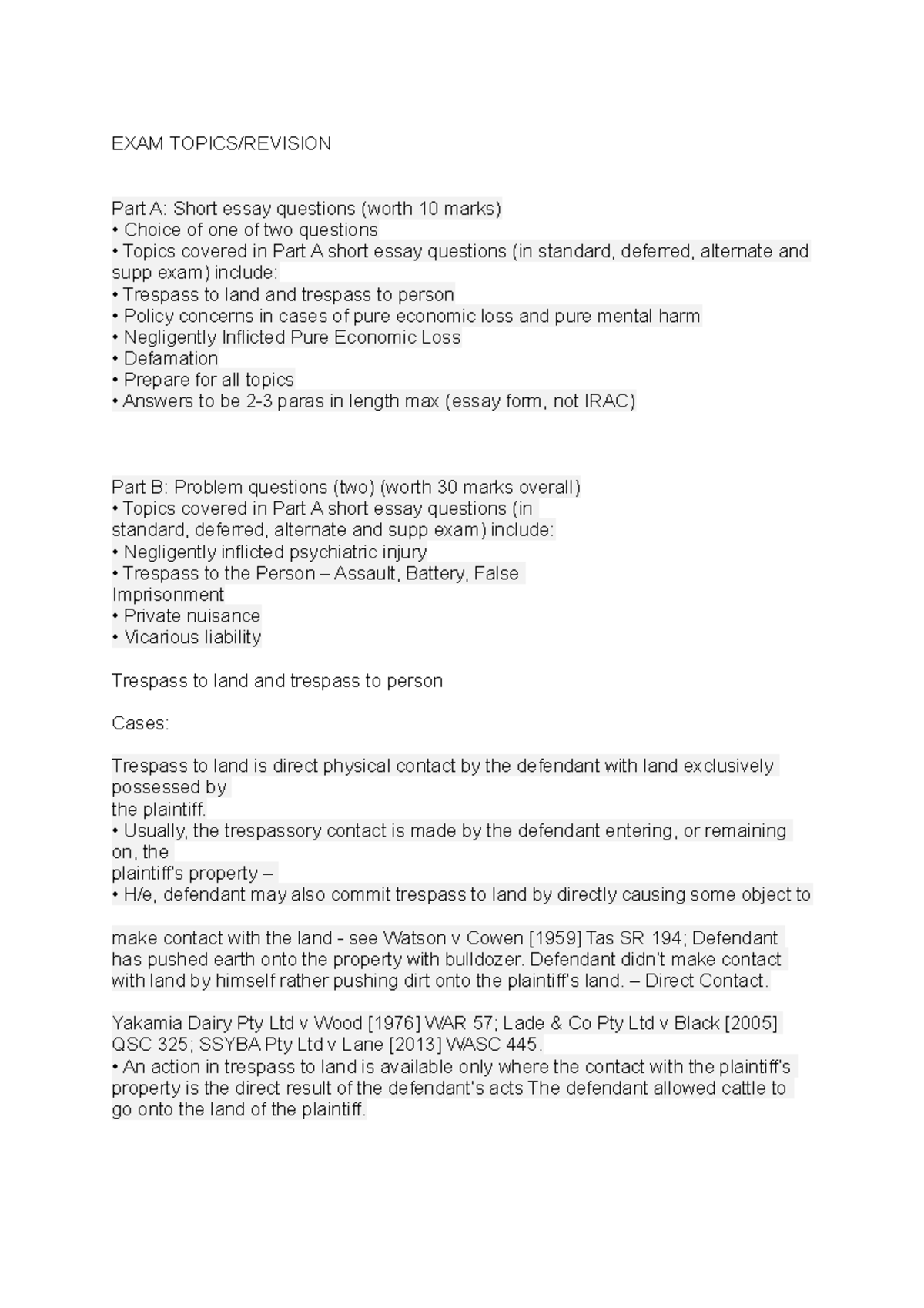 Torts EXAM Revision - Lecture and Tutorial summaries - EXAM TOPICS/REVISION Part A: Short essay ...
