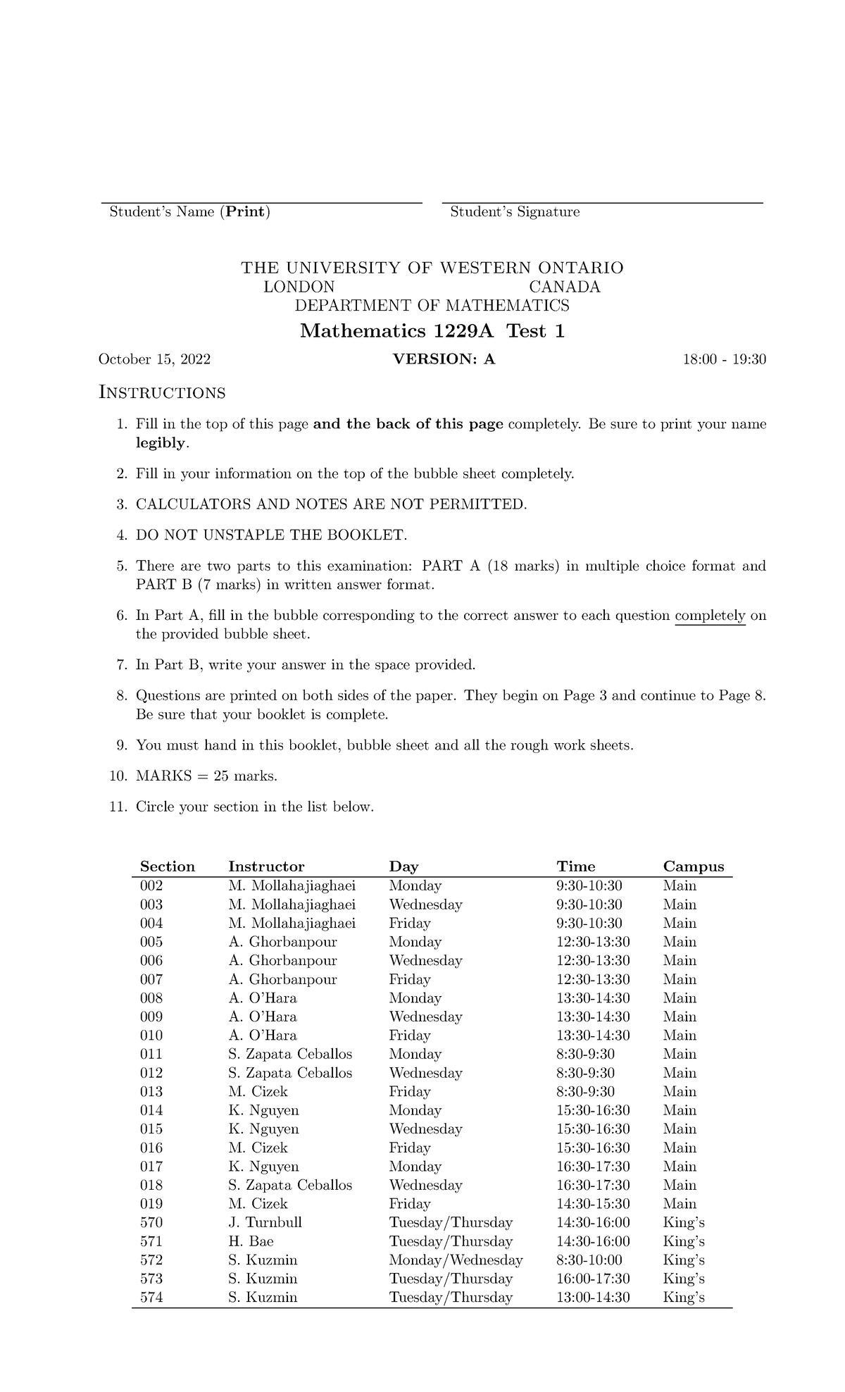 MATH1229A Fall 22-Ver A - Student’s Name (Print) Student’s Signature ...