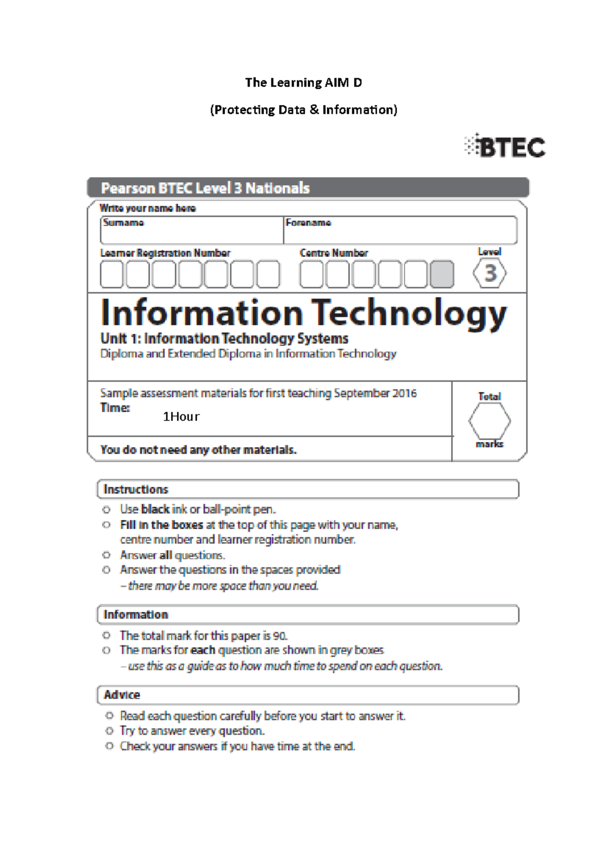 A1 Learning Aim D Assessment Student Copy - The Learning AIM D ...