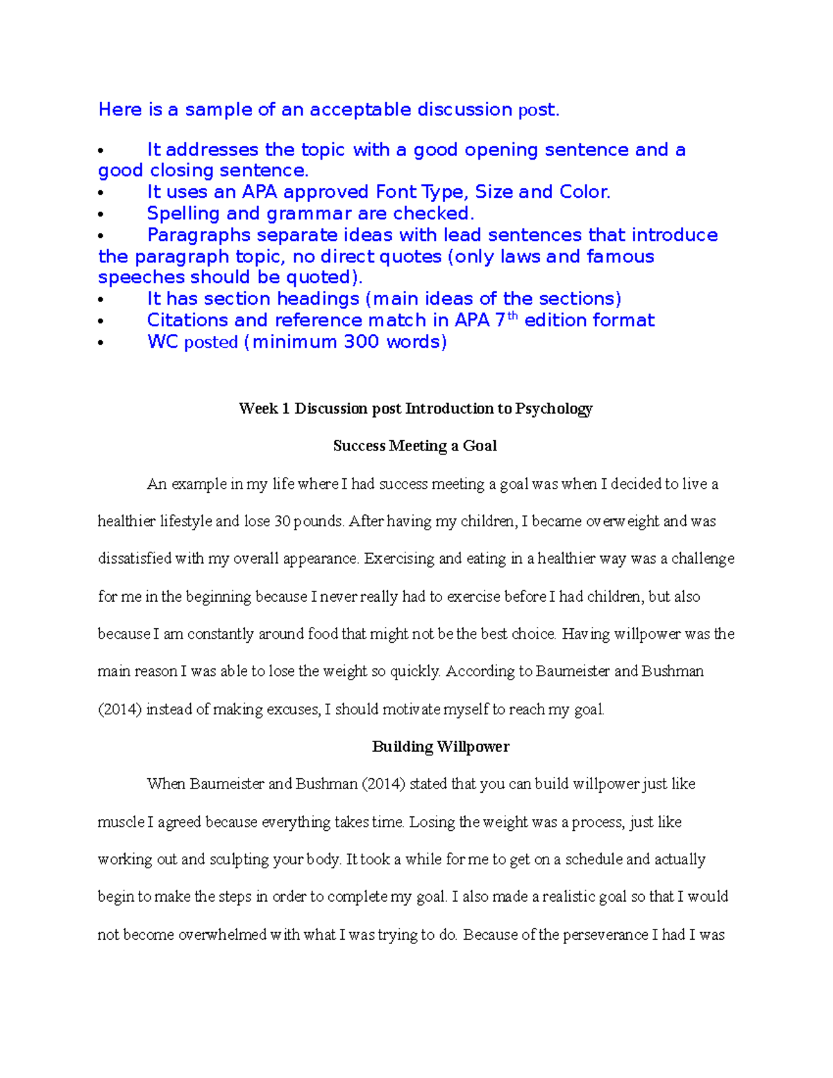 PSy1021 Discussion Post(1) - Here is a sample of an acceptable ...