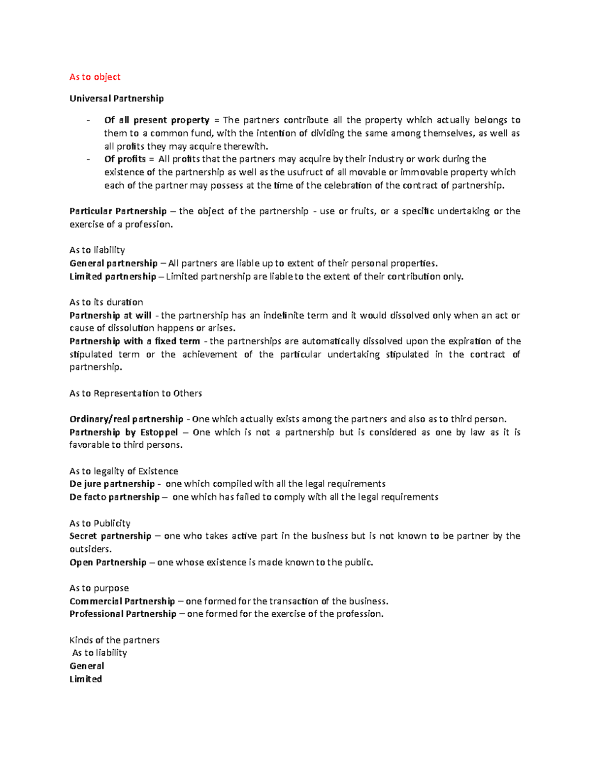 Classifications of Partnership - Basic Accounting_PARCOR - As to object ...