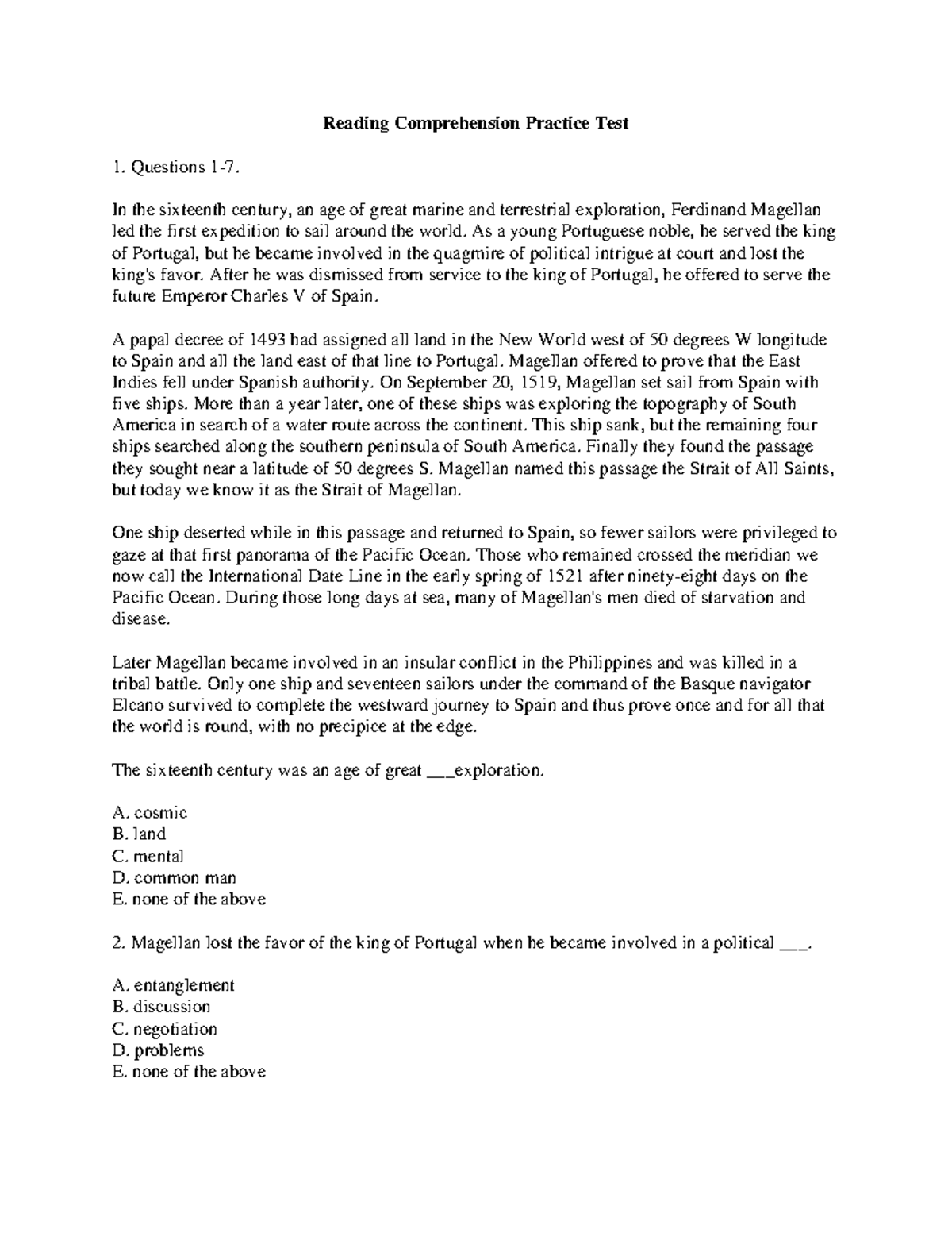 Reading Comprehension Practice Test - Reading Comprehension Practice ...
