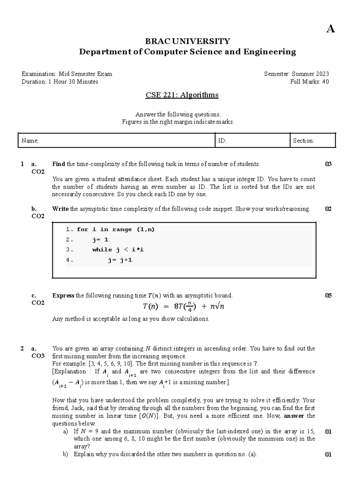 CSE221-mid-summer 23 - ASDAS - A BRAC UNIVERSITY Department of Computer Science and Engineering ...