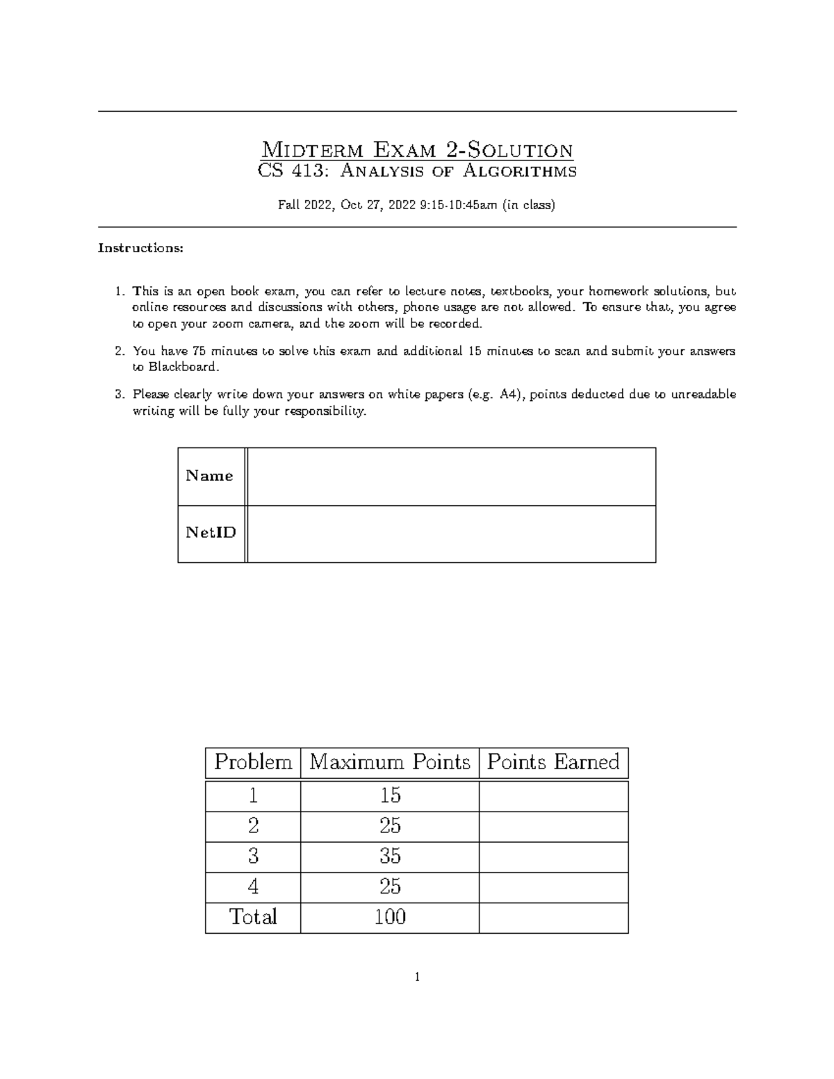 Exam2 sol Fall2022 - Assignment Answers - Midterm Exam 2-Solution CS 413: Analysis of Algorithms ...