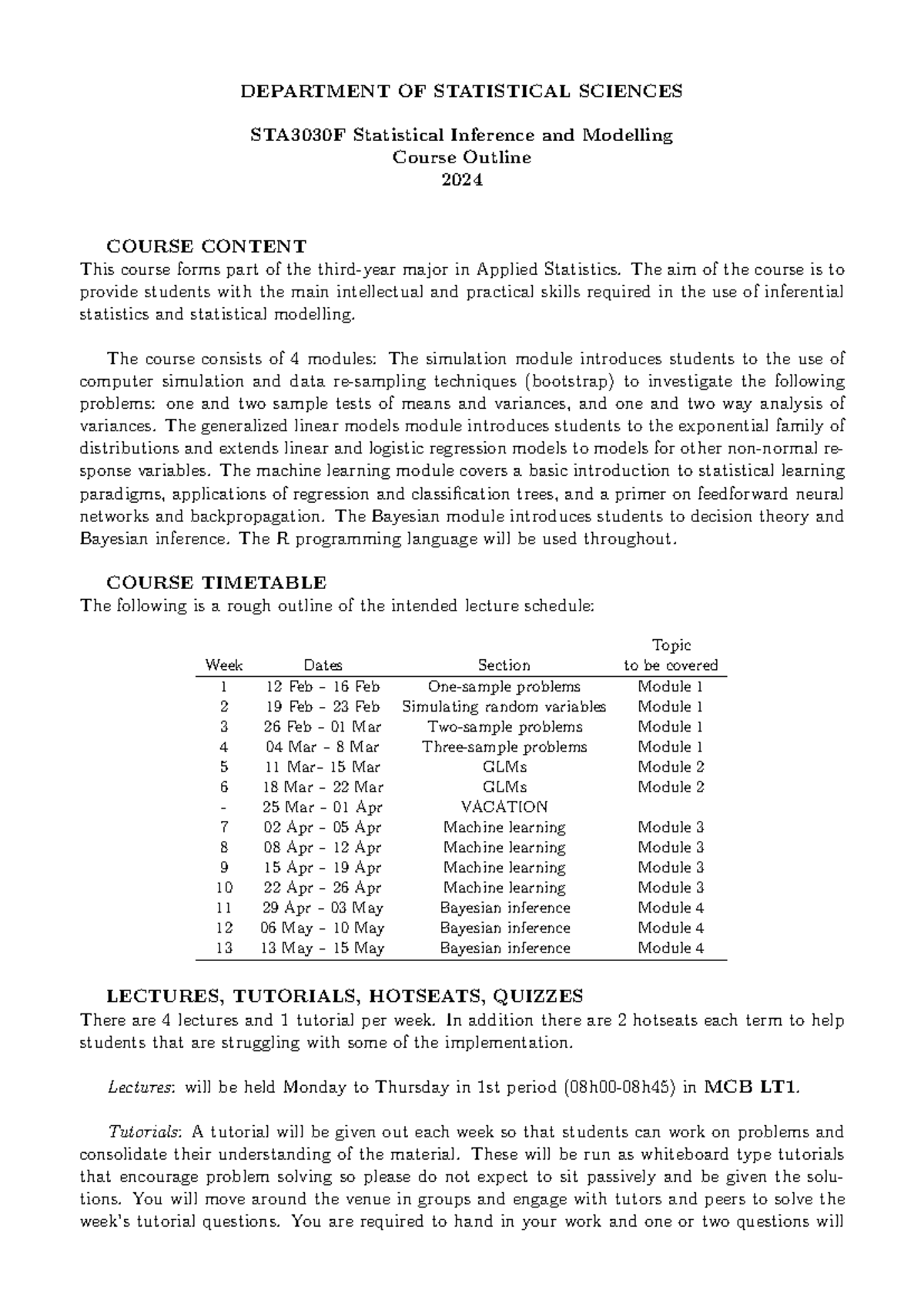 Outline 2024 - DEPARTMENT OF STATISTICAL SCIENCES STA3030F Statistical ...