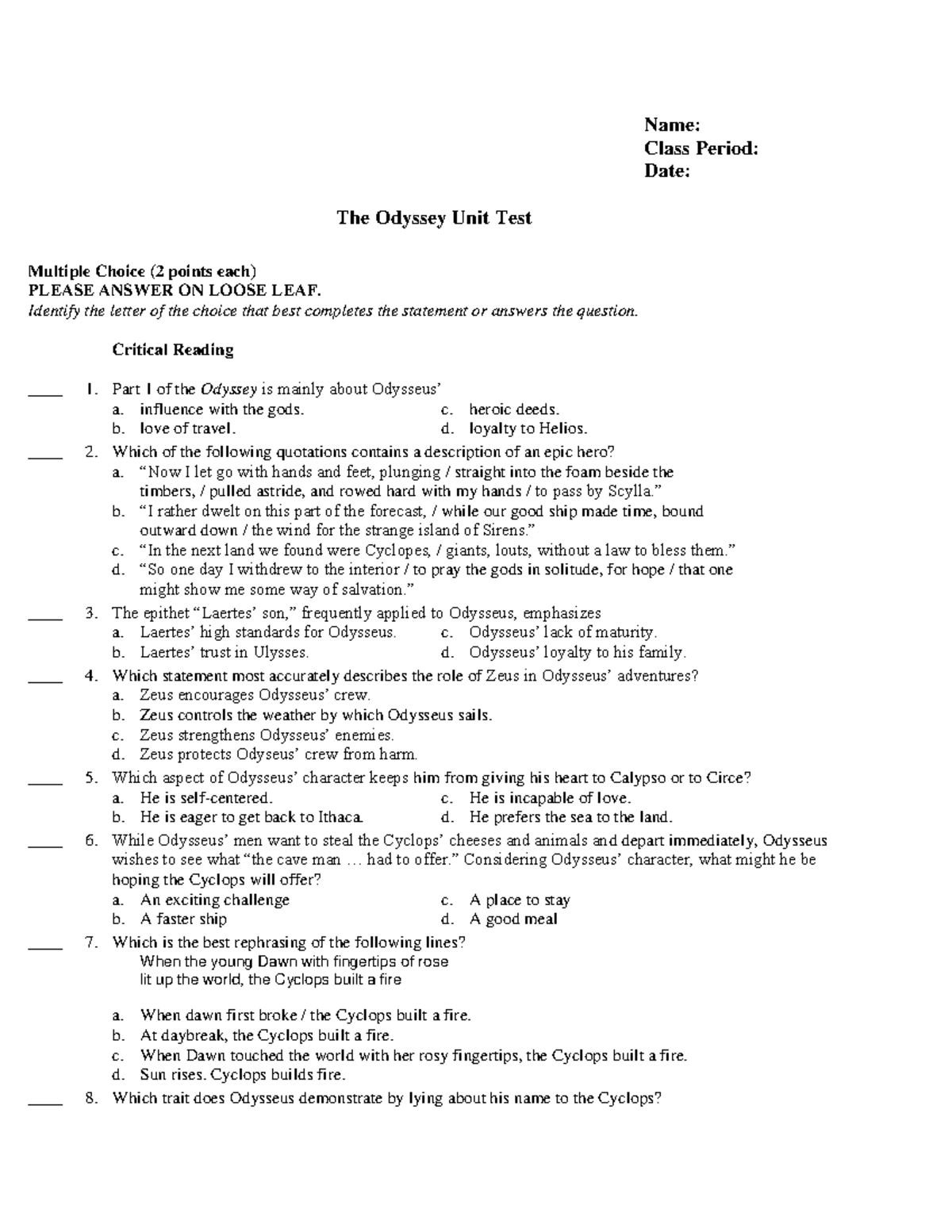 Odyssey Final Test MC - Name: Class Period: Date: The Odyssey Unit Test ...