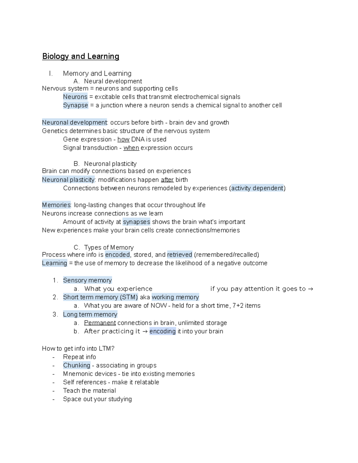 Biology and Learning - Memory and Learning A. Neural development ...