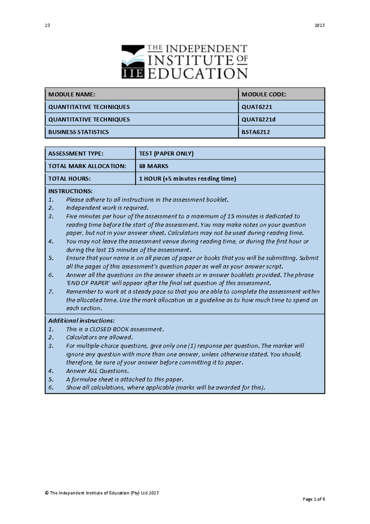 QUAT6221 T1a - MODULE NAME: MODULE CODE: QUANTITATIVE TECHNIQUES QUAT622 1 QUANTITATIVE ...