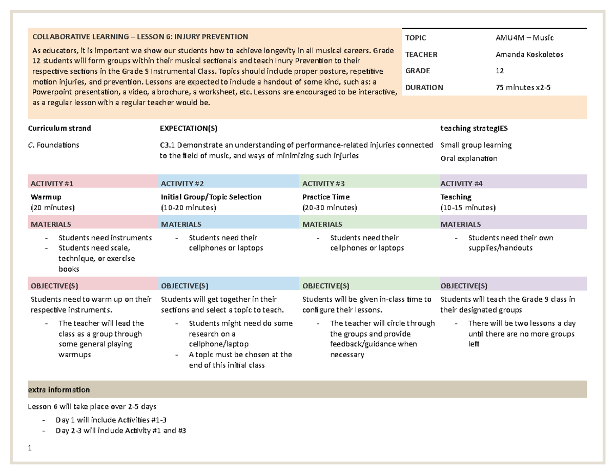 Lesson 6 - Teaching Injury Prevention - COLLABORATIVE LEARNING – LESSON ...
